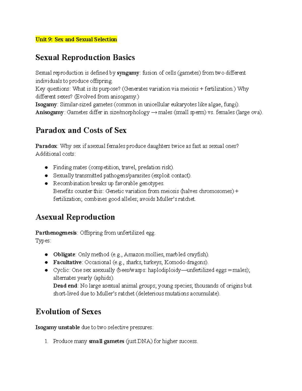 Lecture Notes on Sexual Selection & Mating Systems (Psych 3221G, Units ...
