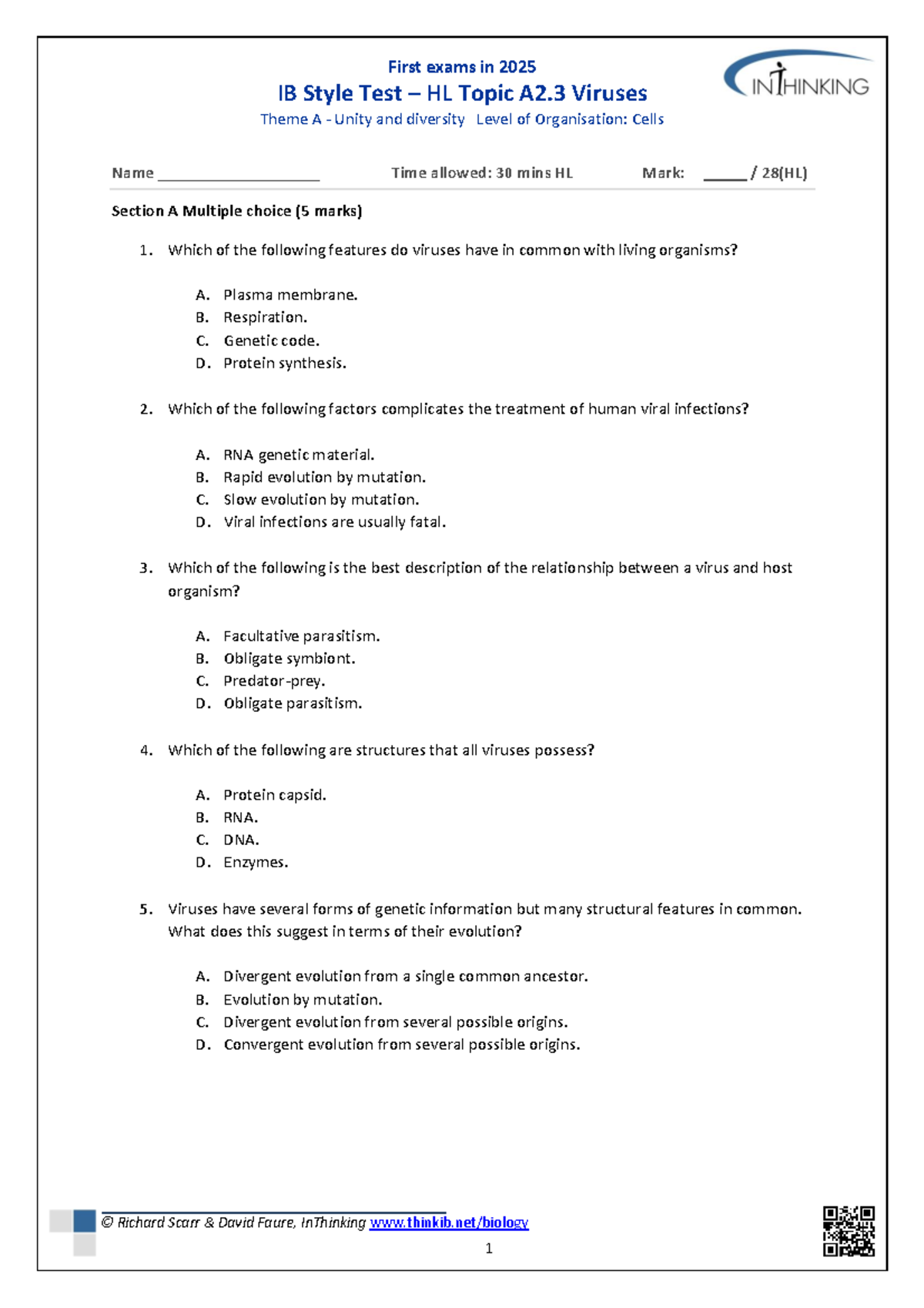 A2.3 HL Topic Test on Viruses - Unity and Diversity Analysis - Studocu