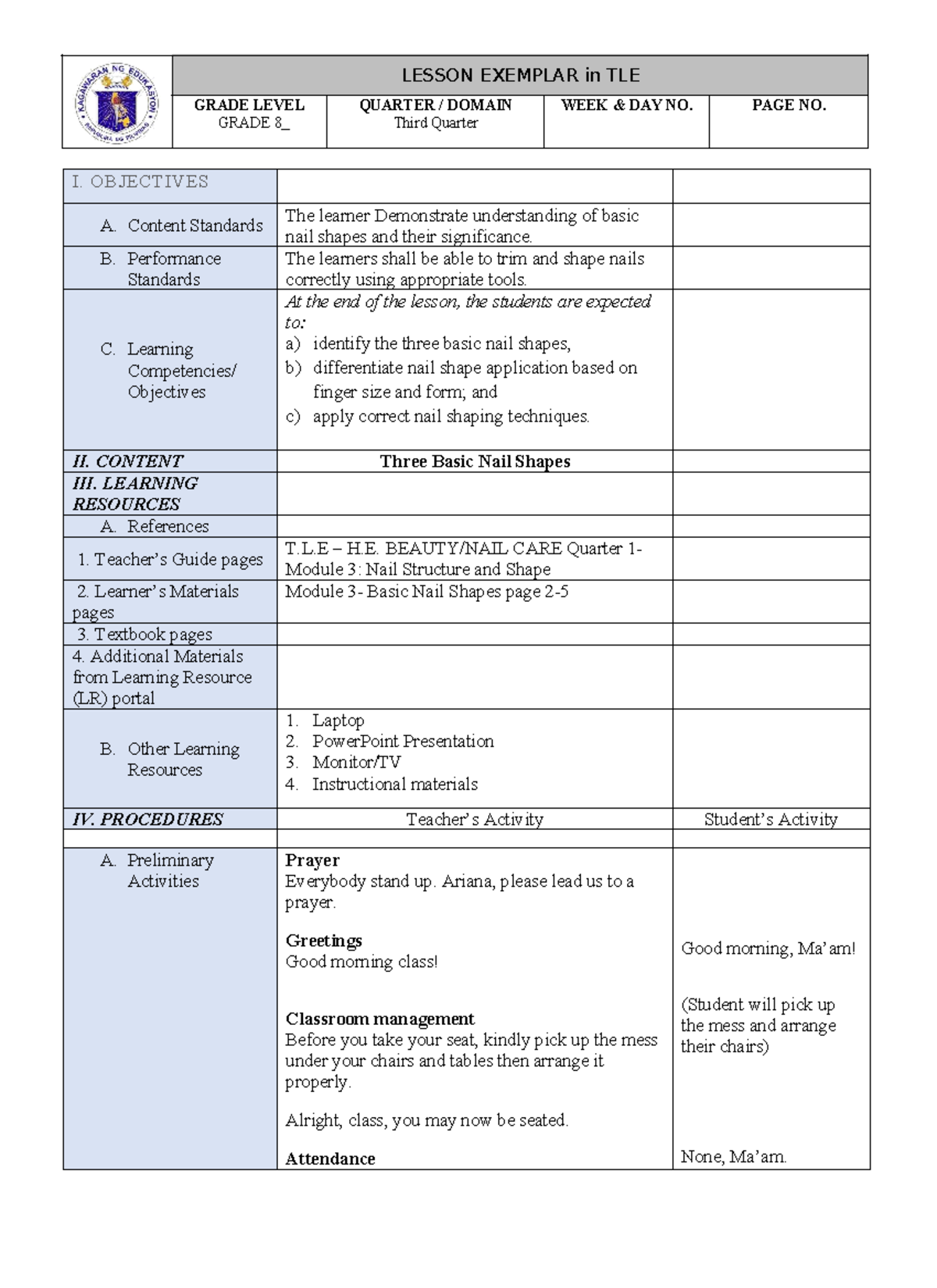 DETAILED LESSON PLAN - GRADE LEVEL GRADE 8 QUARTER / DOMAIN Third ...