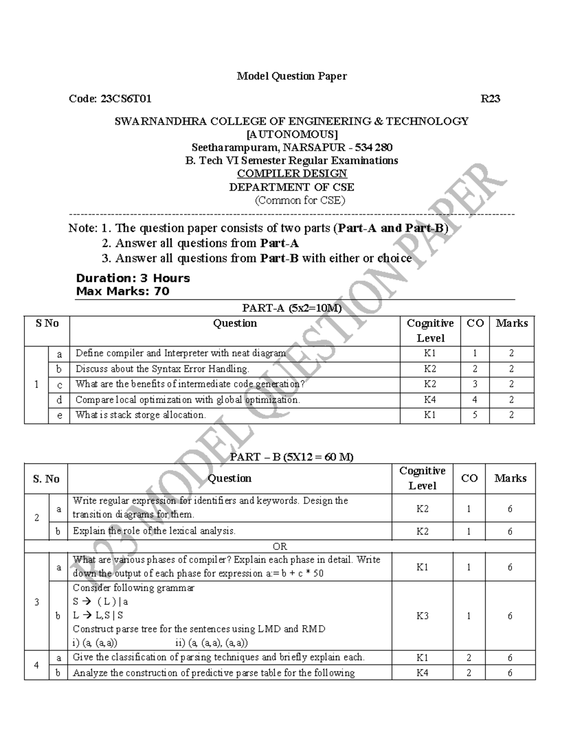 R23-CS6T01 Model Question Paper for Compiler Design Exam - Studocu