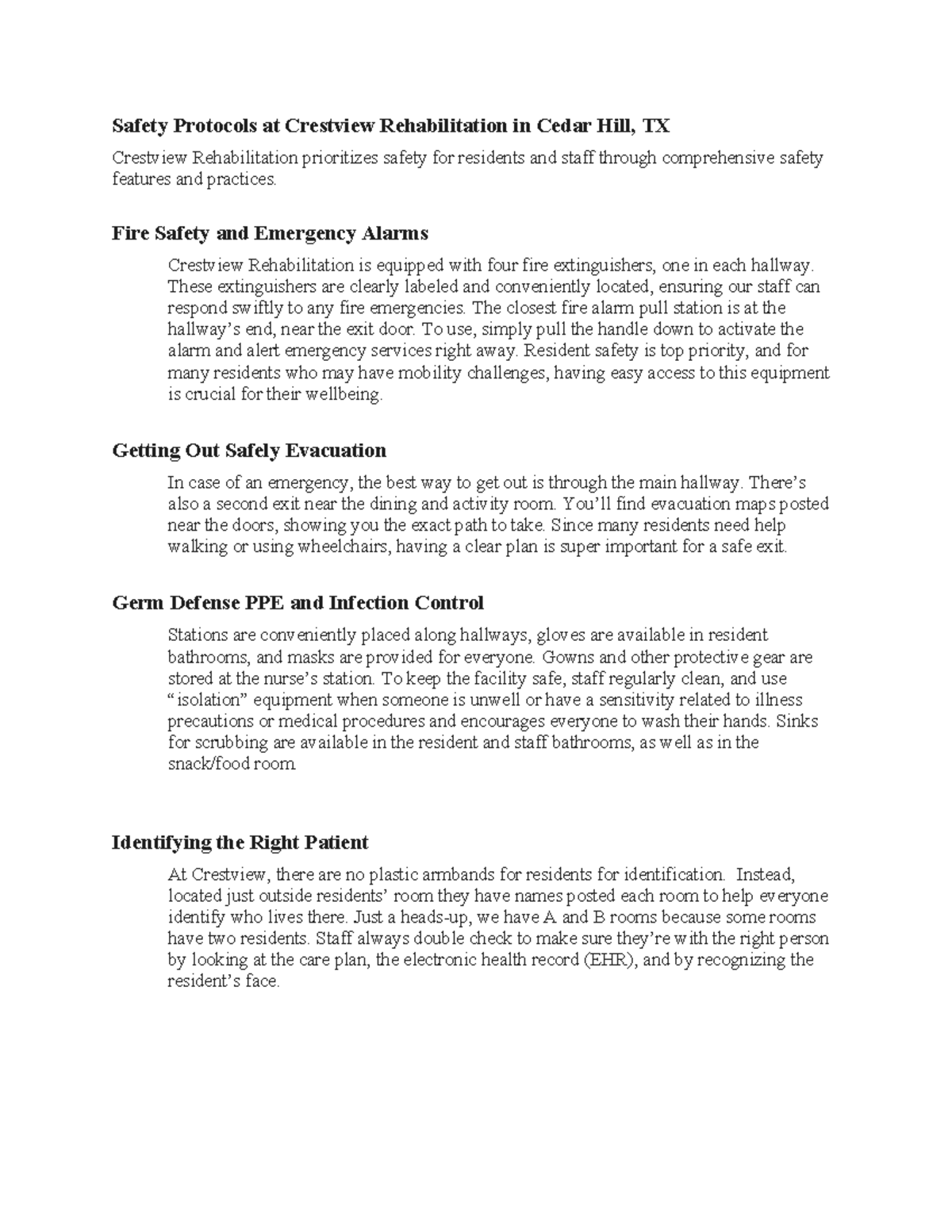 Safety Protocols at Crestview Rehab (Cedar Hill, TX) - Studocu