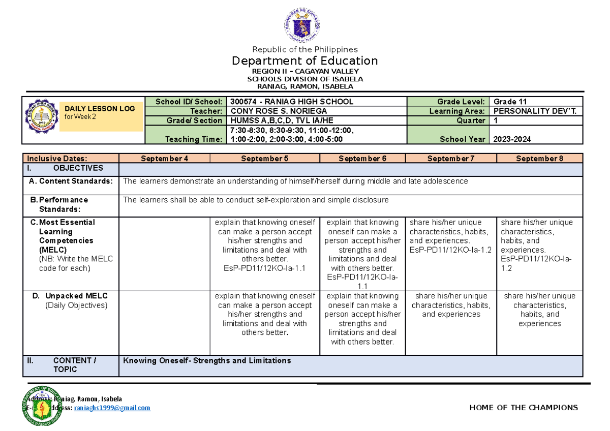 DLL Perdev Q1 W1 - Understanding Strengths and Limitations in Self-Discovery - Studocu