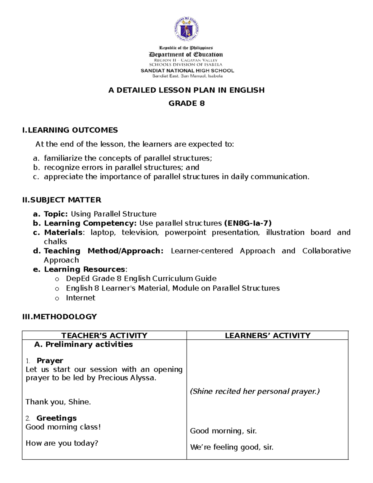 Parallel Structure Review LP - A DETAILED LESSON PLAN IN ENGLISH GRADE ...