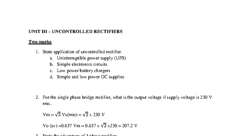 Unit 3 PE: Uncontrolled Rectifiers Overview and Applications - Studocu