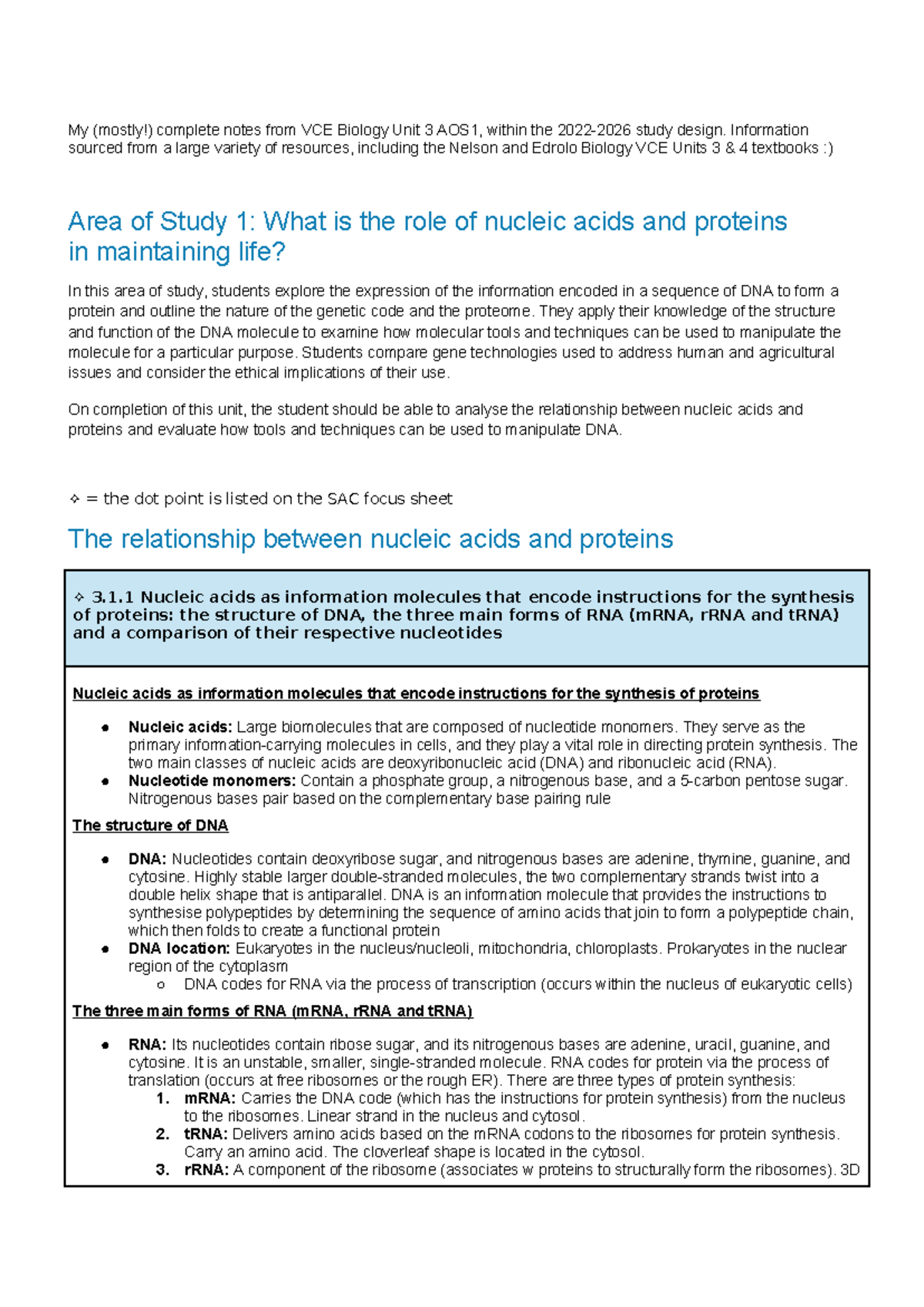 Complete Notes for VCE Biology Unit 3 AOS1: Nucleic Acids & Proteins ...