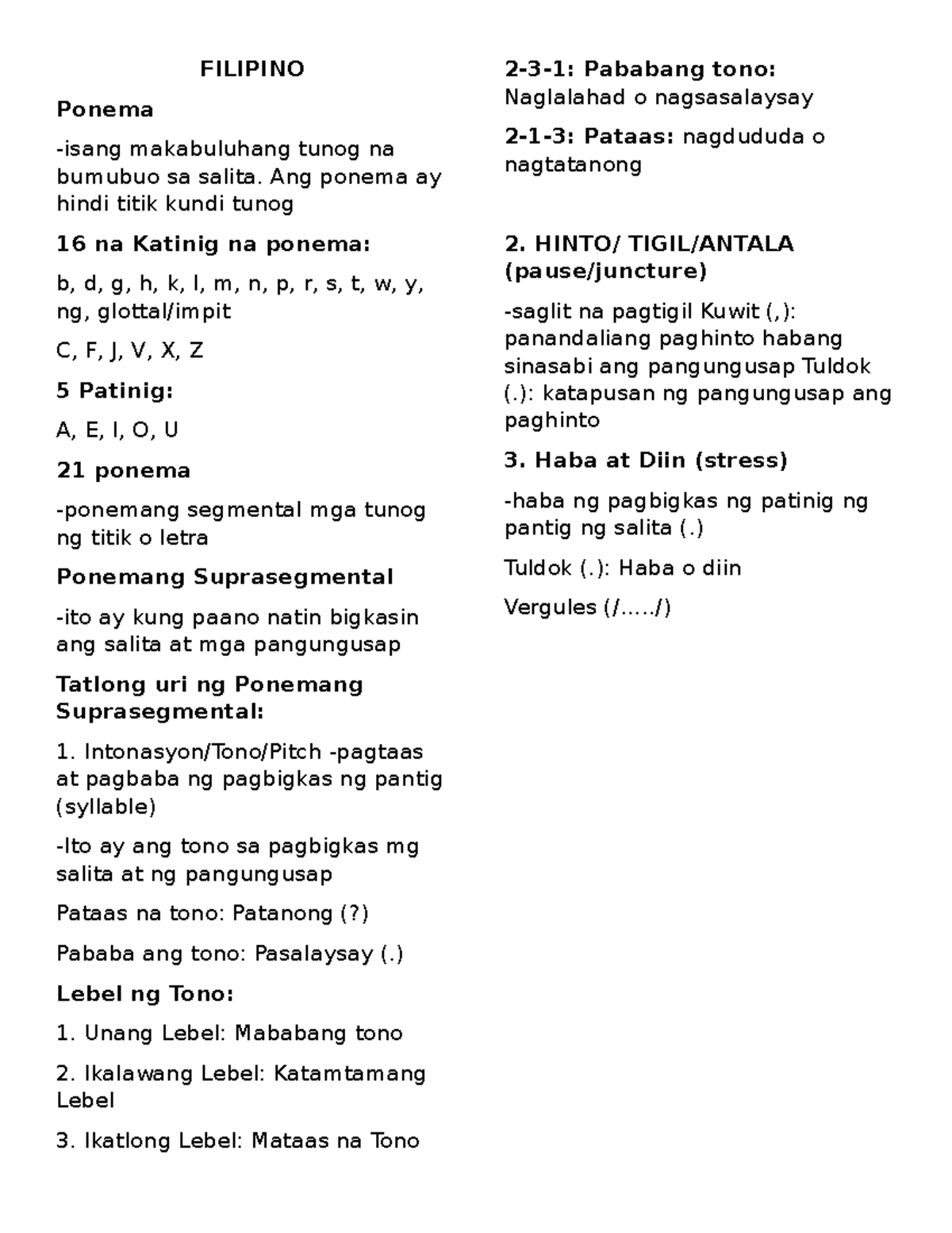 FILIPINO Ponema at Suprasegmental na Tunog sa Salita - Studocu