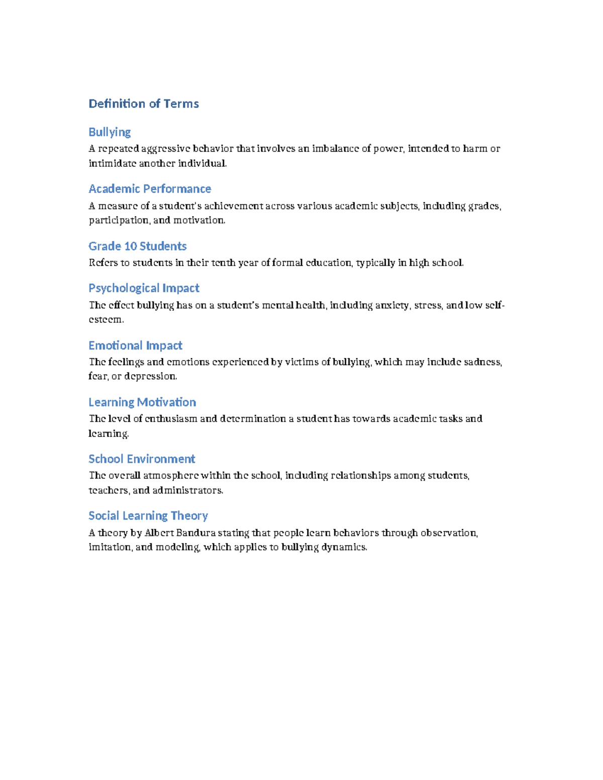 Definition of Terms: Bullying & Academic Performance Insights - Studocu