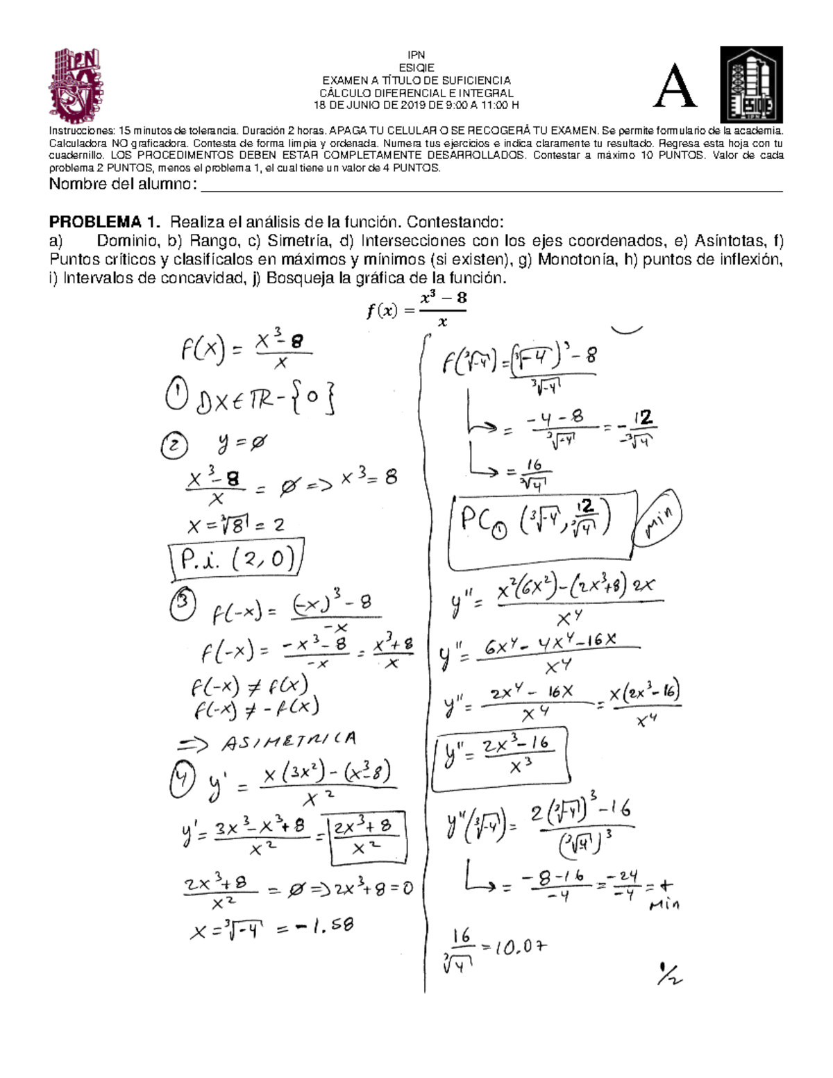 ETS Calculo Diferencial y Integral - Examen de Suficiencia 2019 - Studocu