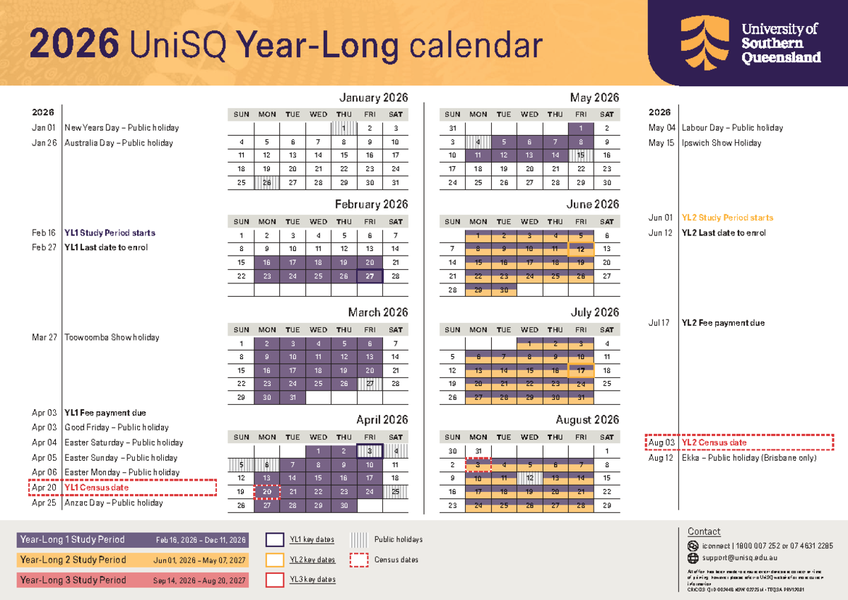 2026 UniSQ Student Academic Calendar: Year Long Overview - Studocu