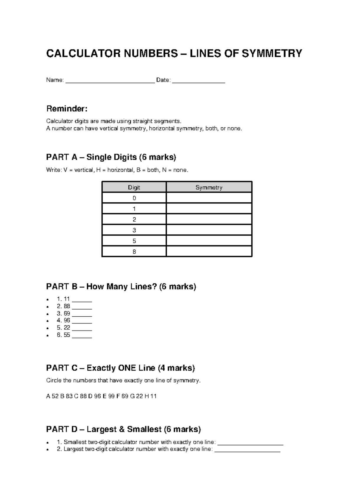 Calculator Numbers Lines of Symmetry Worksheet - Studocu