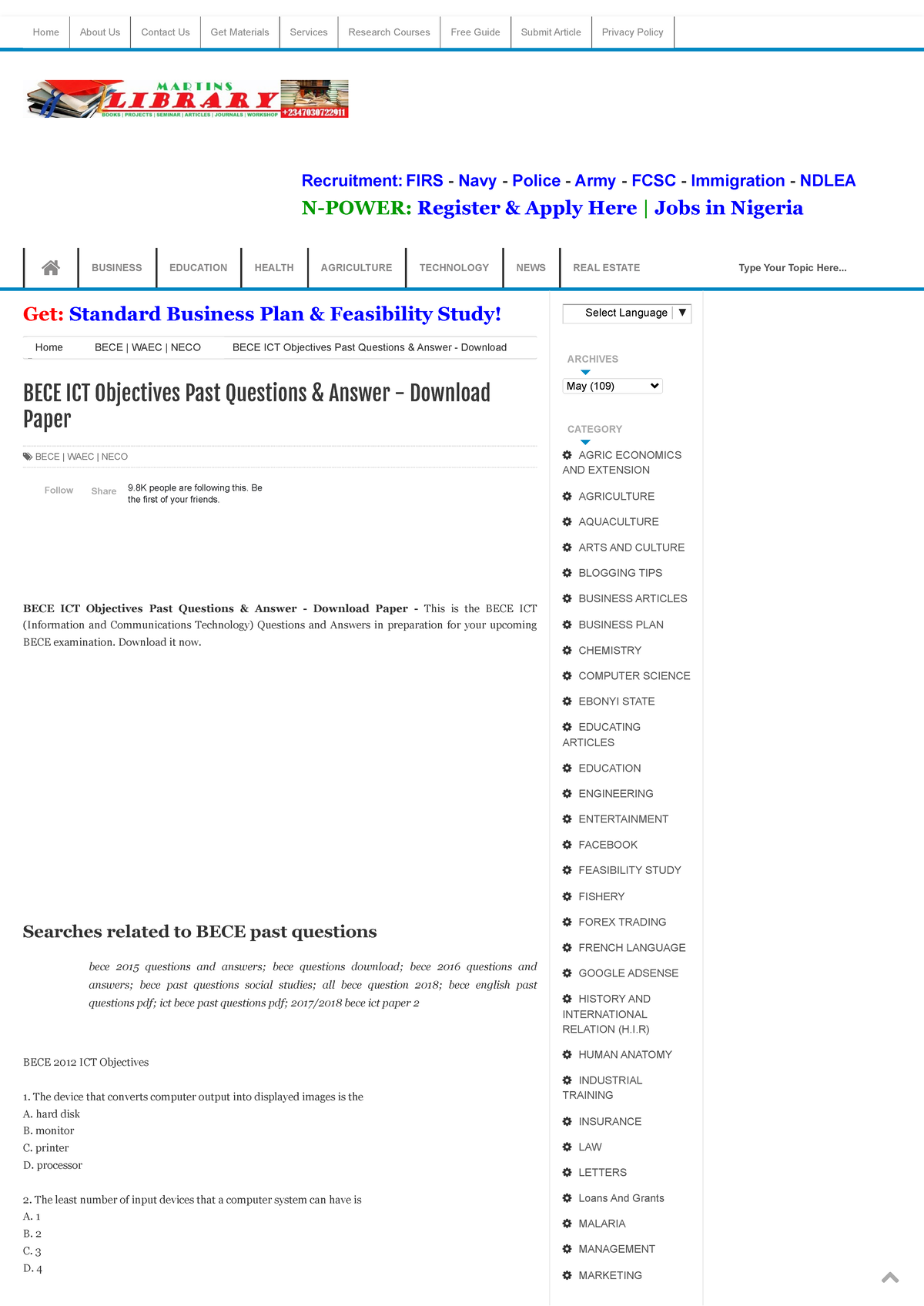 BECE ICT Objective Past Qs & Answers for Exam Prep - Studocu