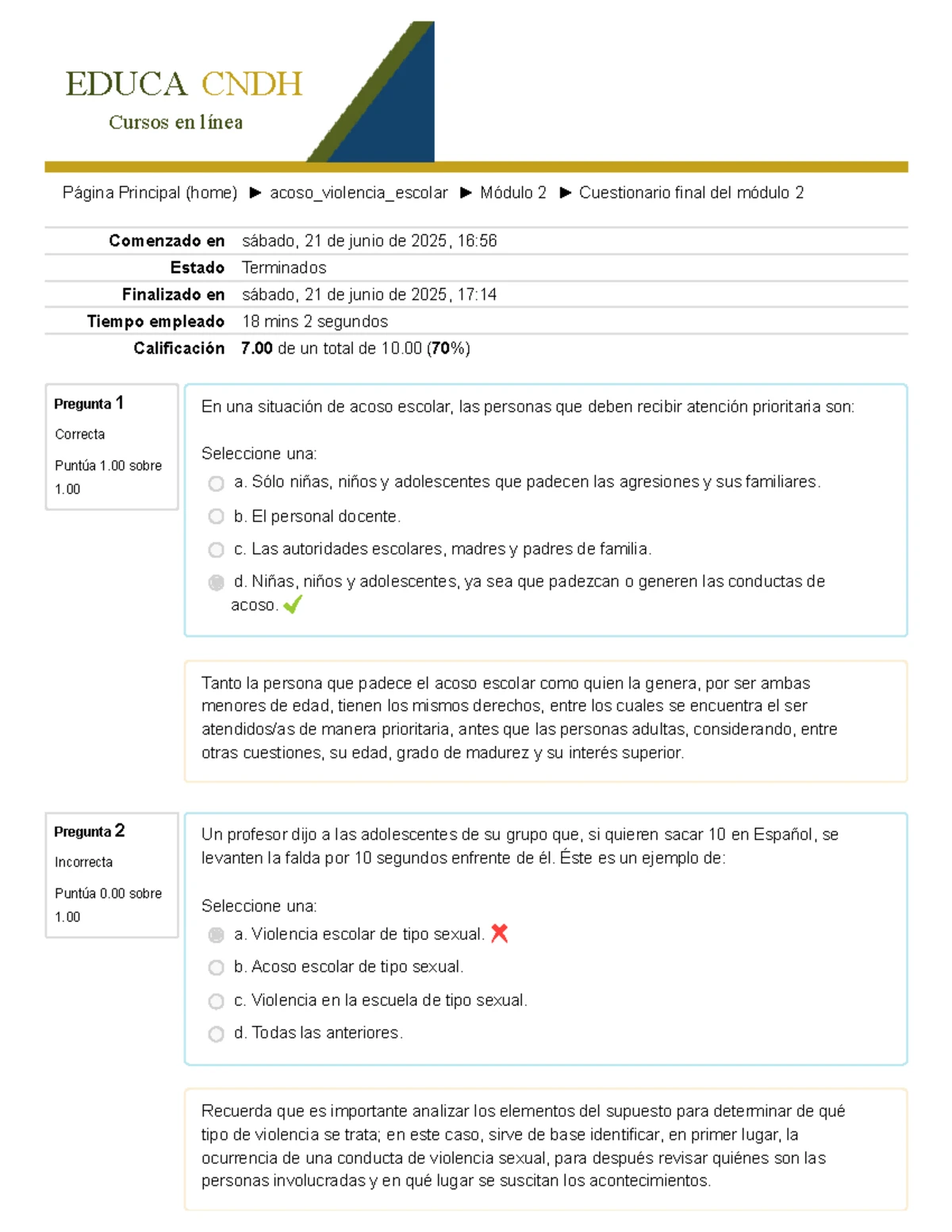 EDUCA CNDH Módulo 2: Respuestas Actividad sobre Acoso y Violencia Escolar - Studocu