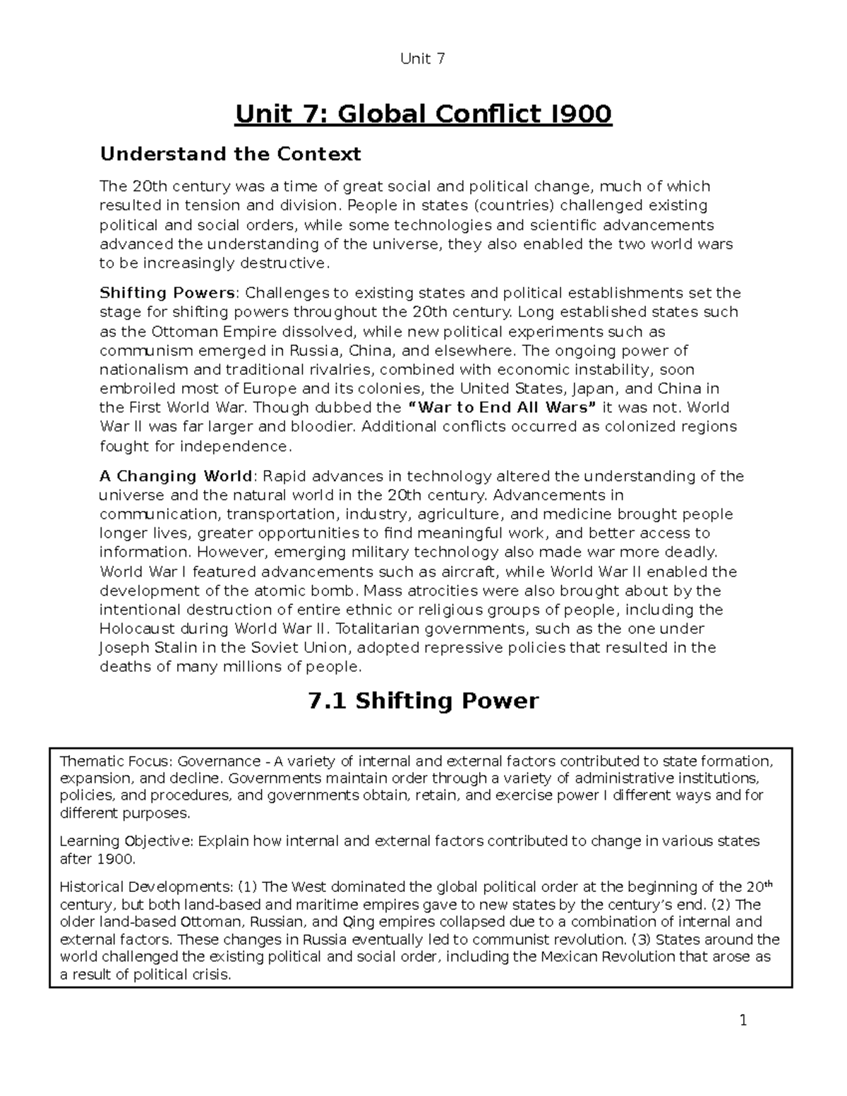 Unit 7: Global Conflict Overview (I900) - 20th Century Changes - Studocu