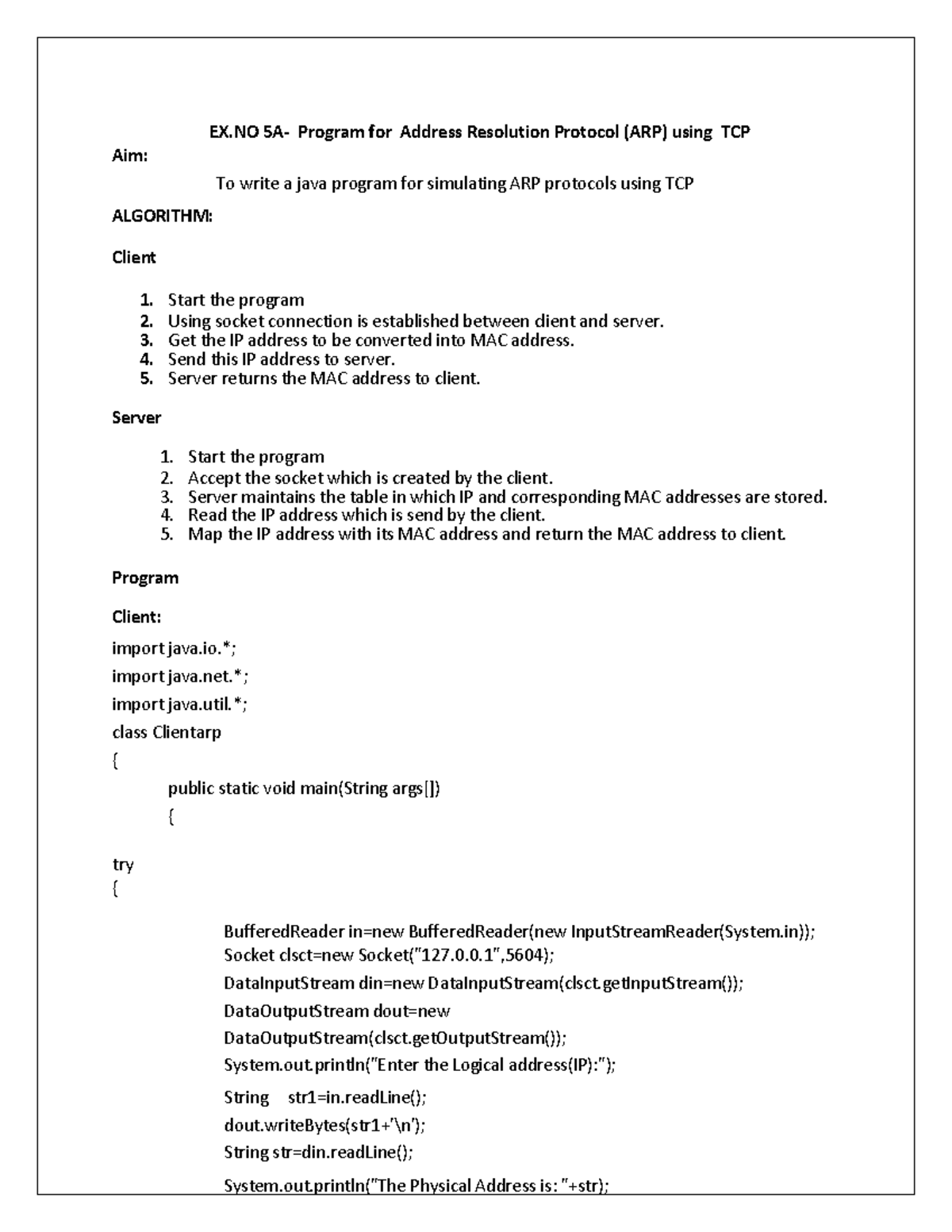 Java Program for ARP & RARP Simulations (Nw-lab EX.NO 5A & 5B) - Studocu