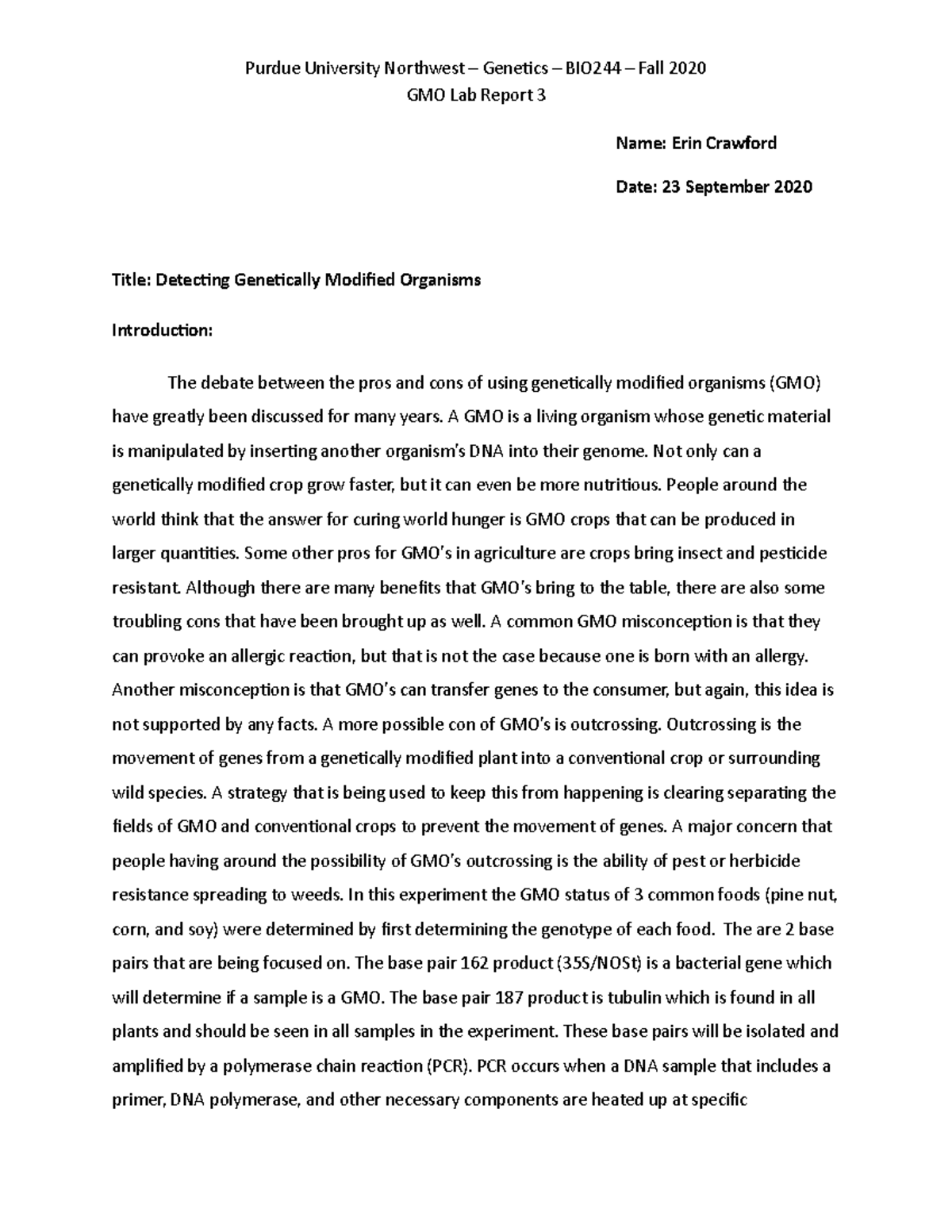 GMO Lab Report 3: Detecting Genetically Modified Organisms Analysis ...