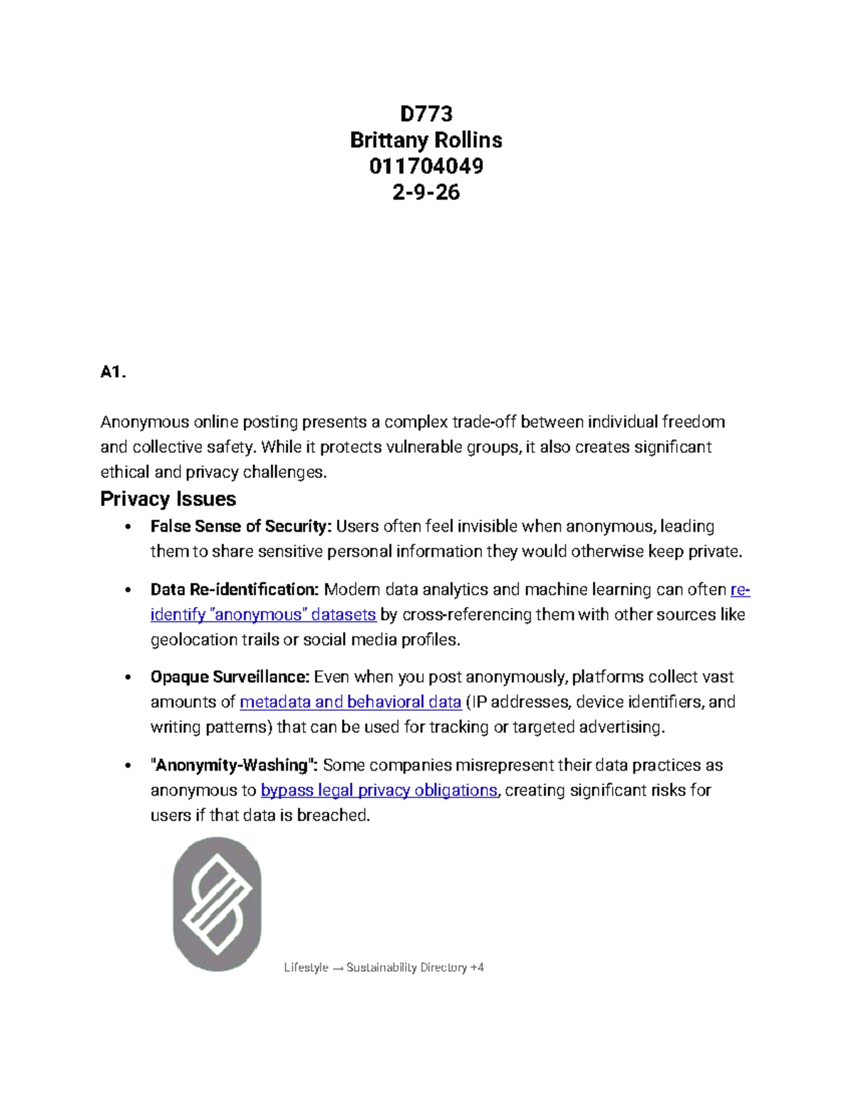 D773 Task 2: Ethical Challenges of Anonymity and Wearable Tech - Studocu
