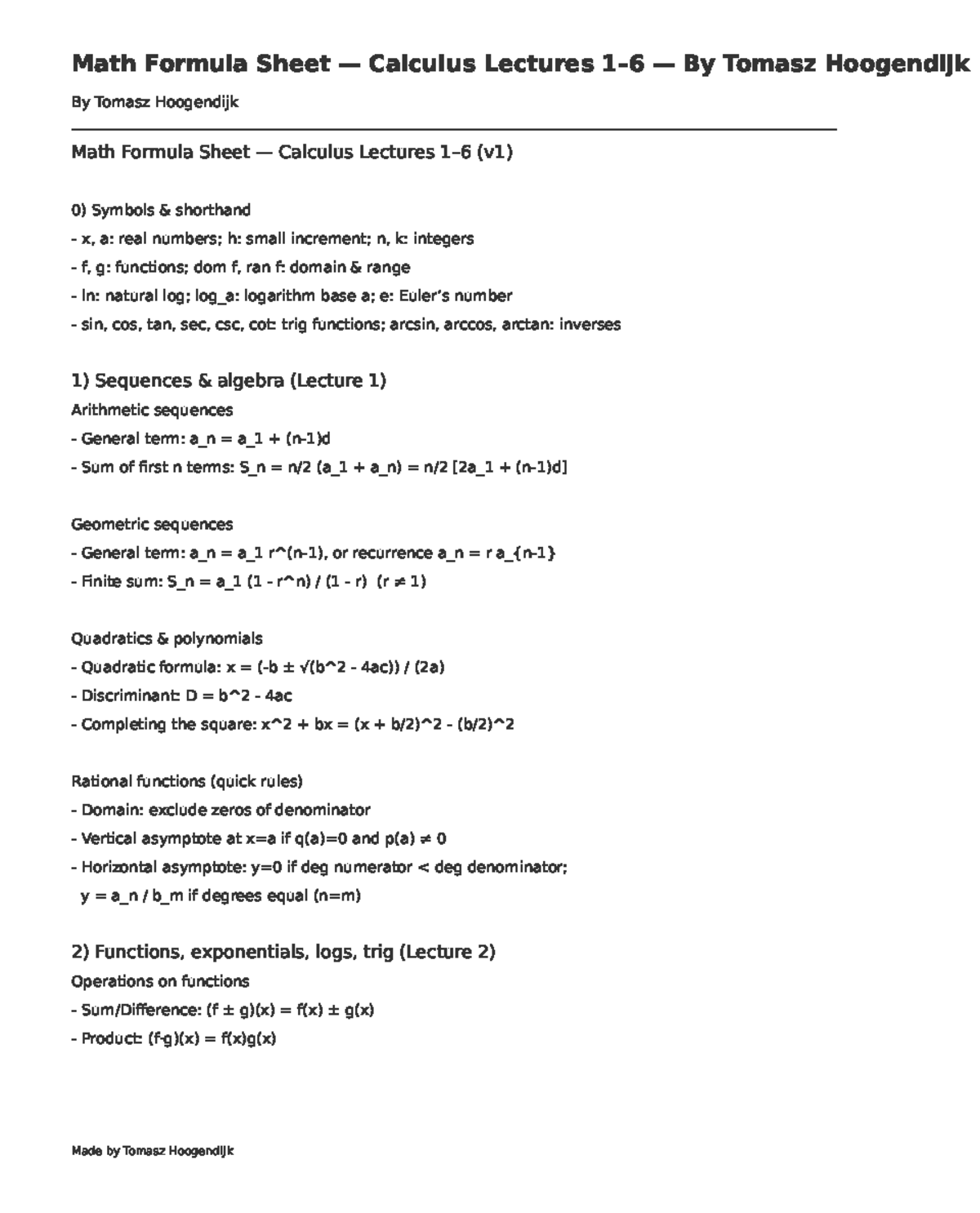 Math Calculus Formula Sheet (Lectures 1-6) by Tomasz Hoogendijk ...