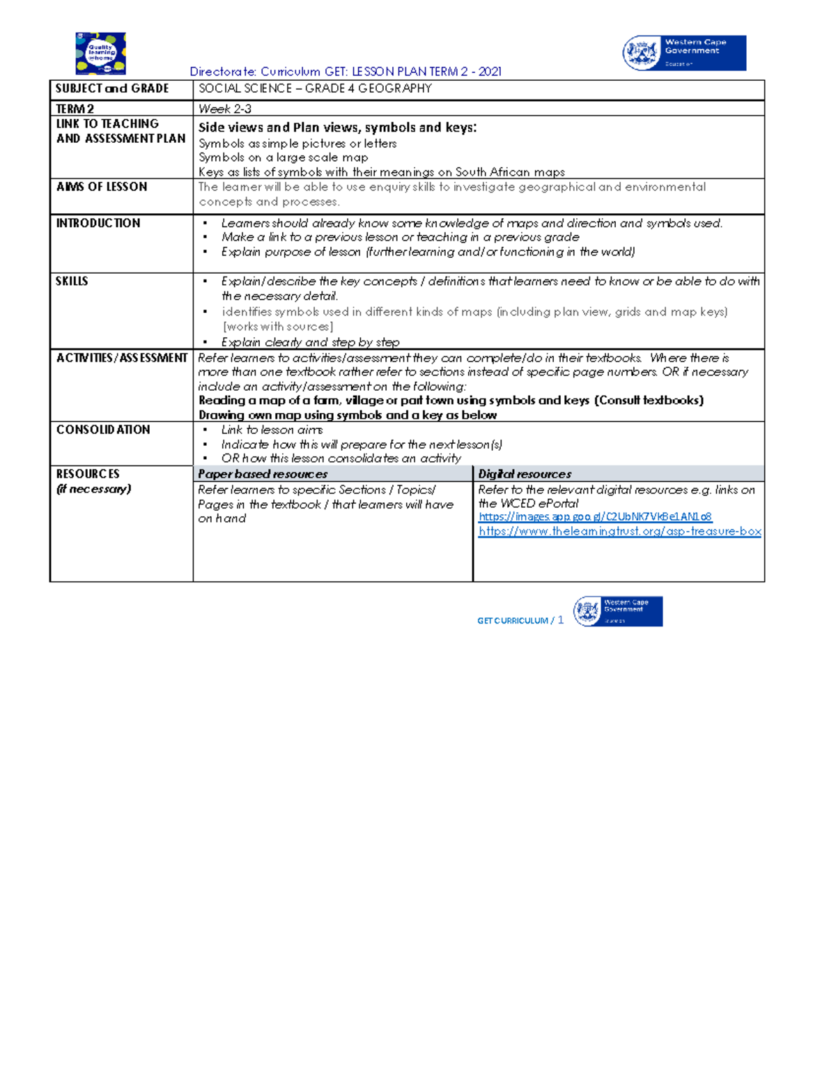 Lesson Plan Gr 4 SS Geography T2 W2-3: Maps & Symbols Activities - Studocu