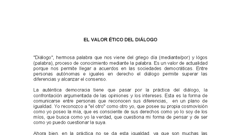 EL VALOR ÉTICO DEL DIÁLOGO: Reflexiones y Prácticas - Studocu