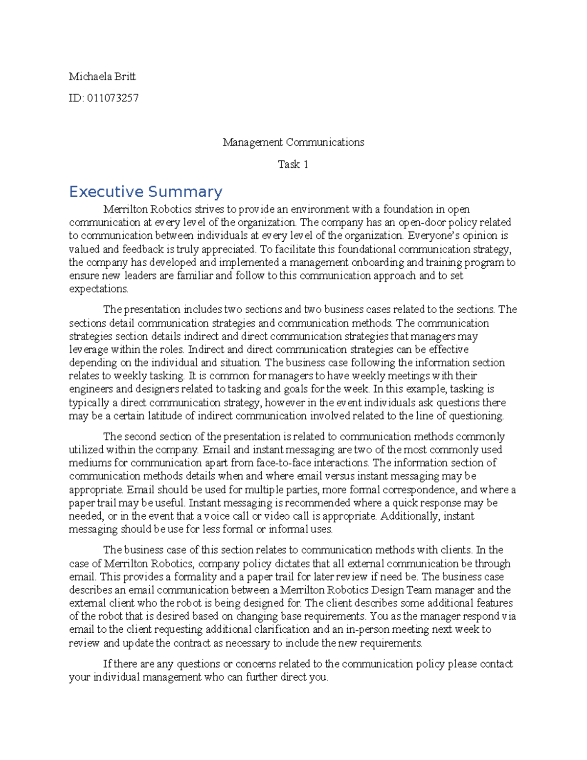 Communications Task 1 - Michaela Britt ID: 011073257 Management Communications Task 1 Executive ...