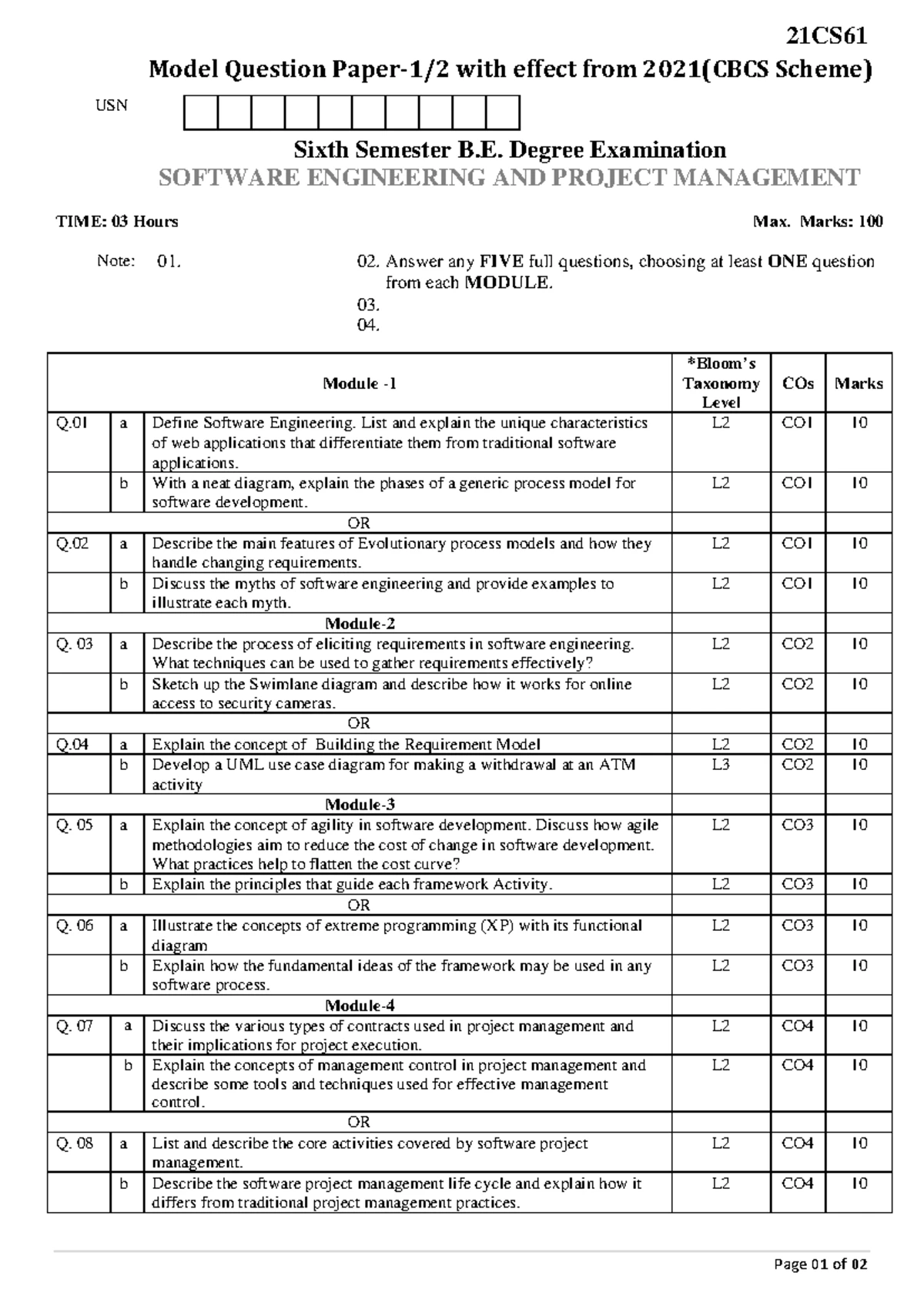 BCS501 - Model Question Paper for Software Engineering (2022) - Studocu