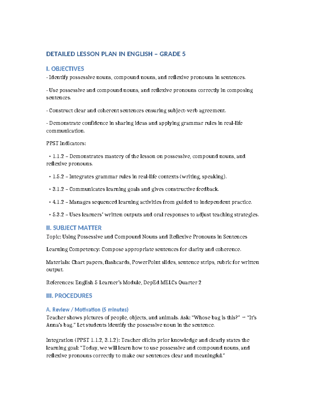 Detailed Lesson Plan: English 5 - Possessive, Compound Nouns ...