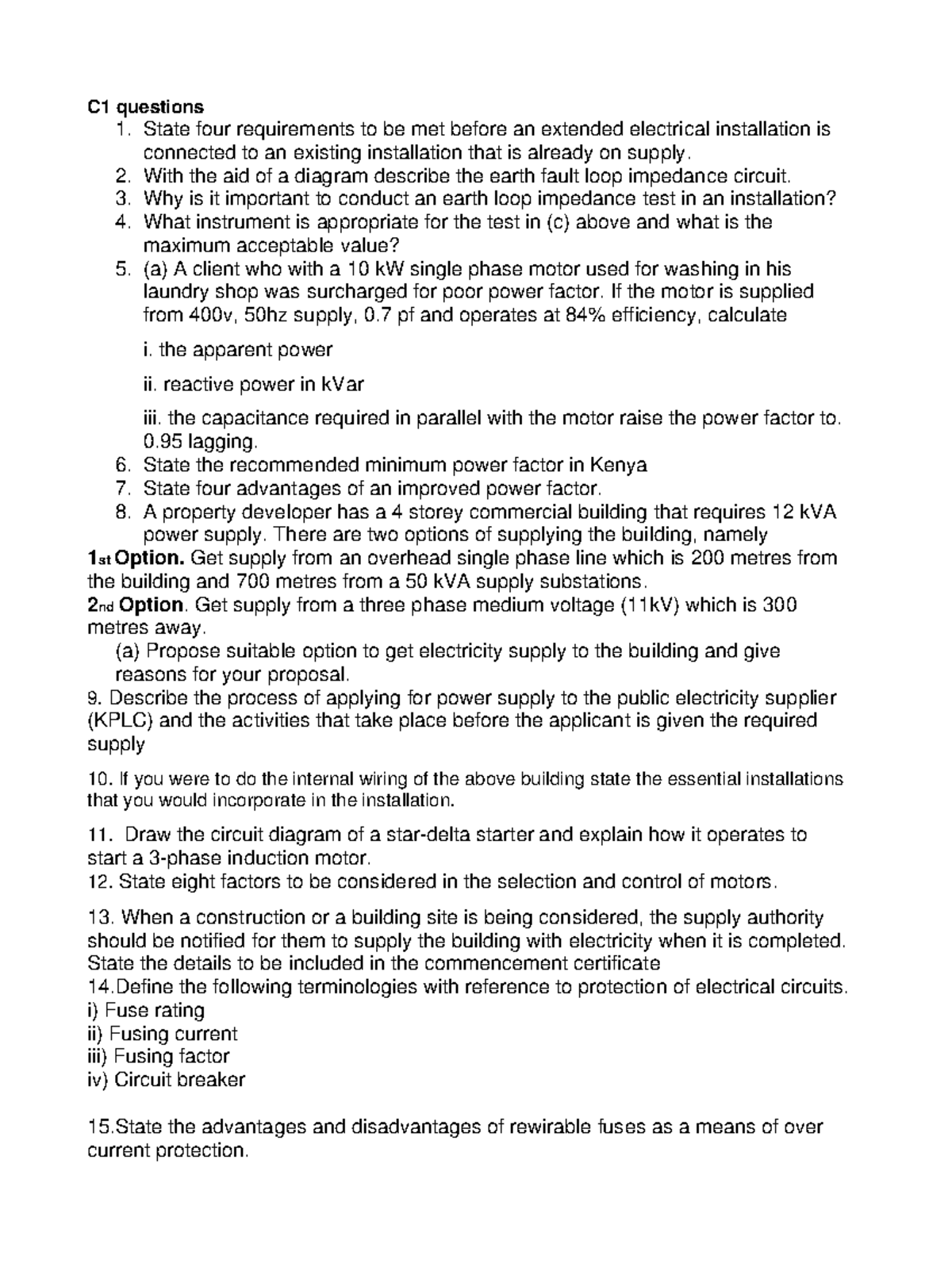 C1 Sample Questions - Lecture Notes on Electrical Installations - Studocu