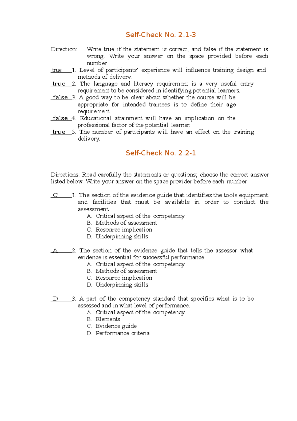 Training Methodology I: Learning Episode 1 Self-Checks and Task Sheets ...