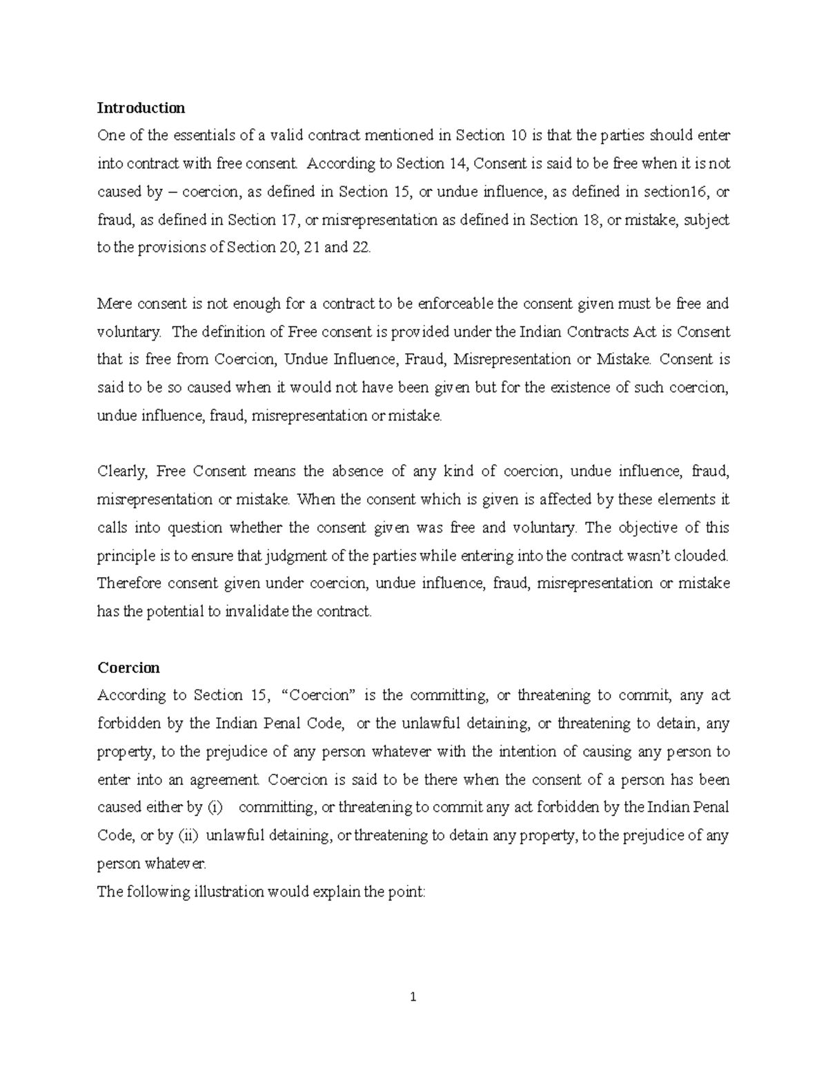 FREE Consent in Contracts - Lecture Notes on Coercion & Influence - Studocu