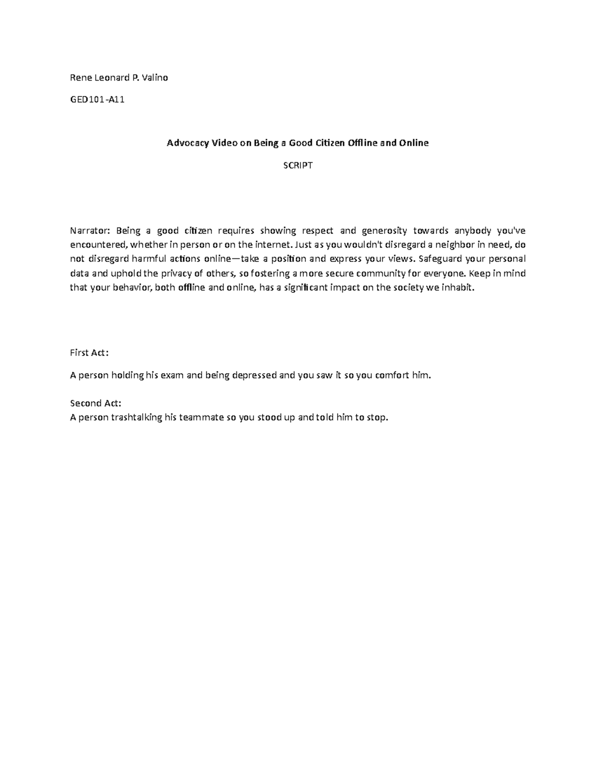 UTS Advocacy Video Script: Being a Good Citizen Online & Offline - Studocu