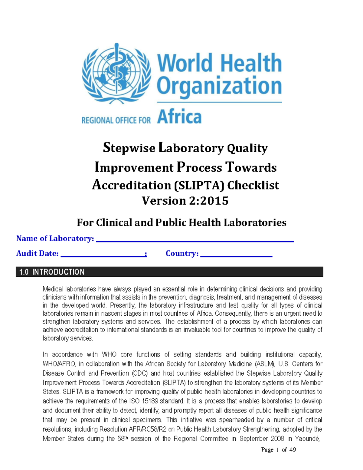 SLIPTA Checklist: Quality Improvement for Lab Accreditation (2015 ...