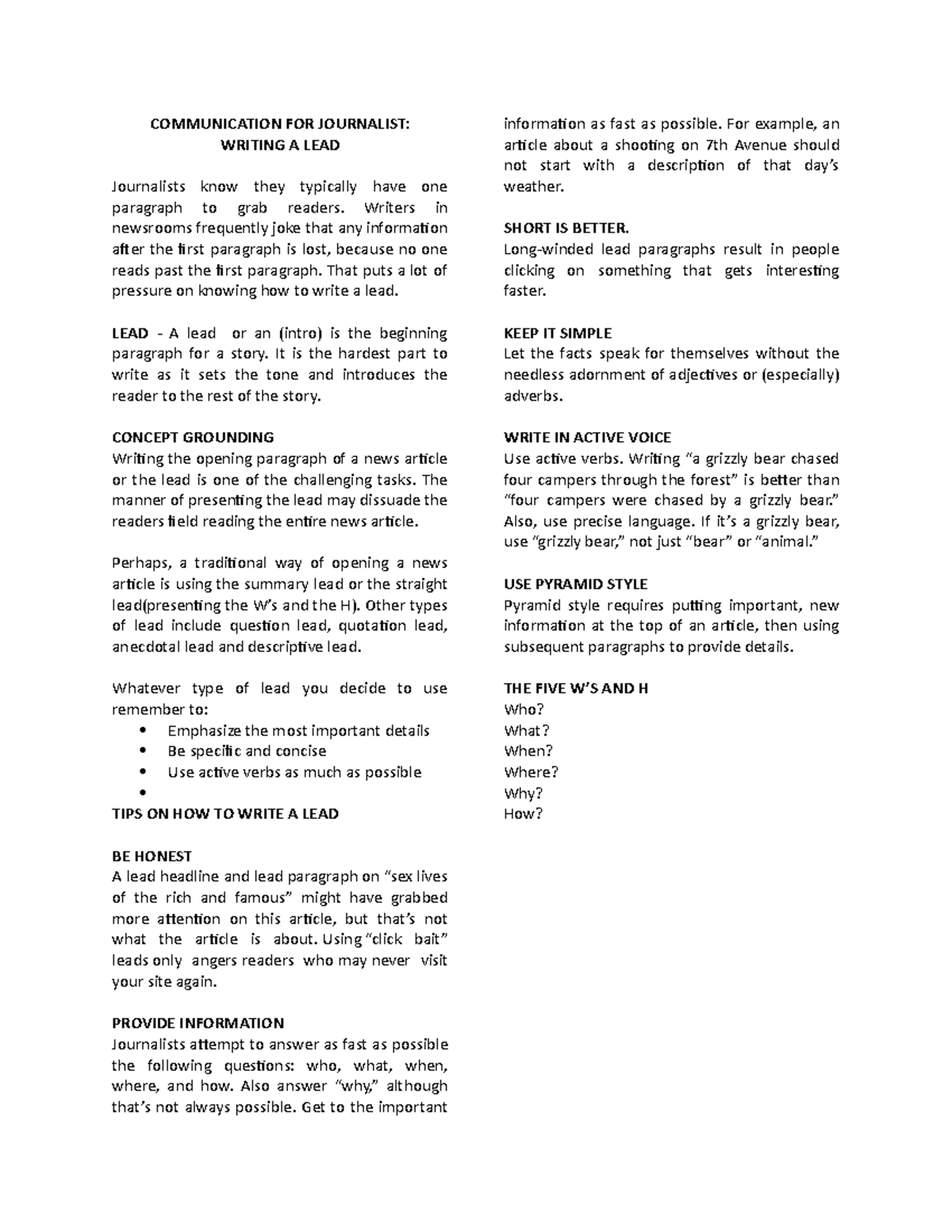 Effective Strategies for Writing Leads in Journalism - Studocu