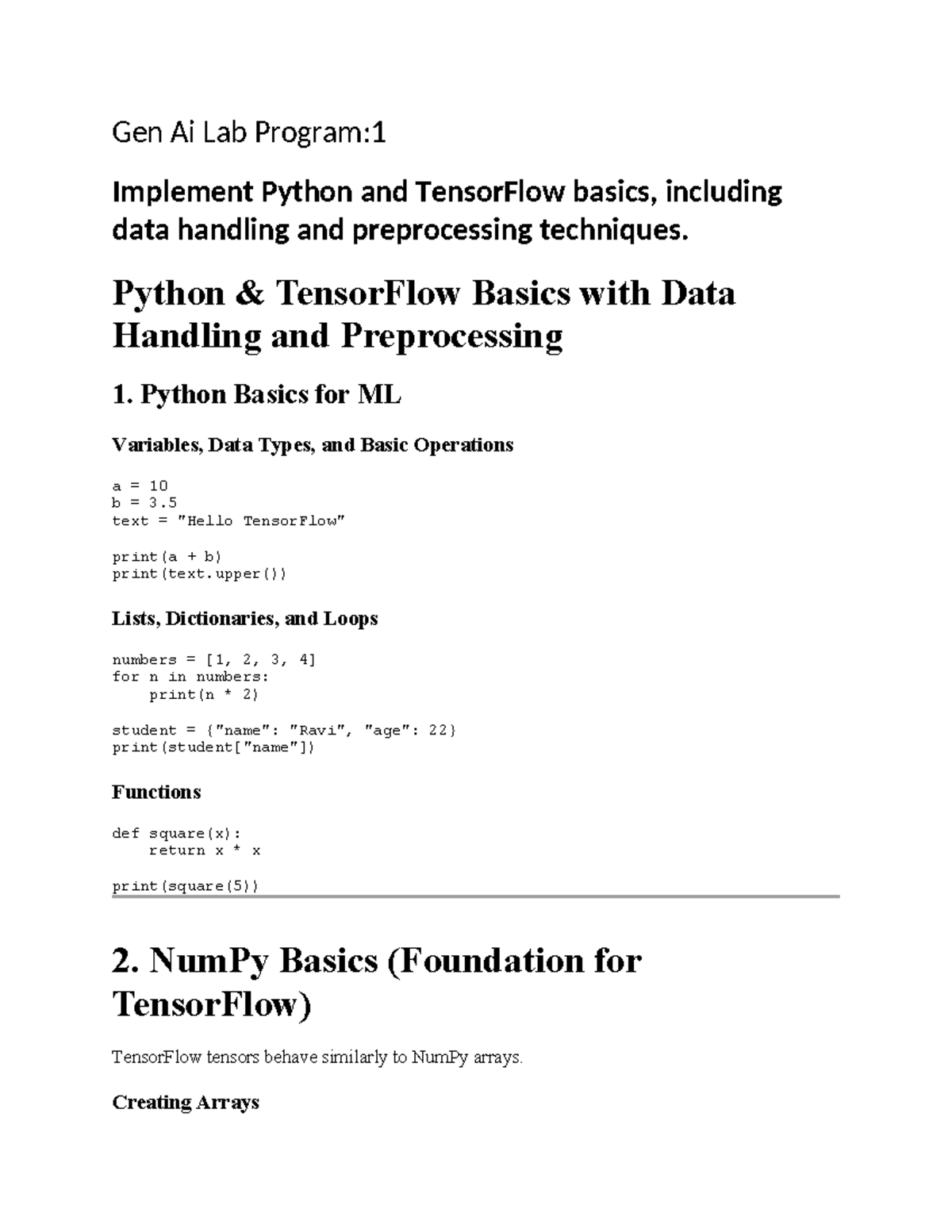 Gen Ai Lab: Python & TensorFlow Basics with Data Handling - Studocu
