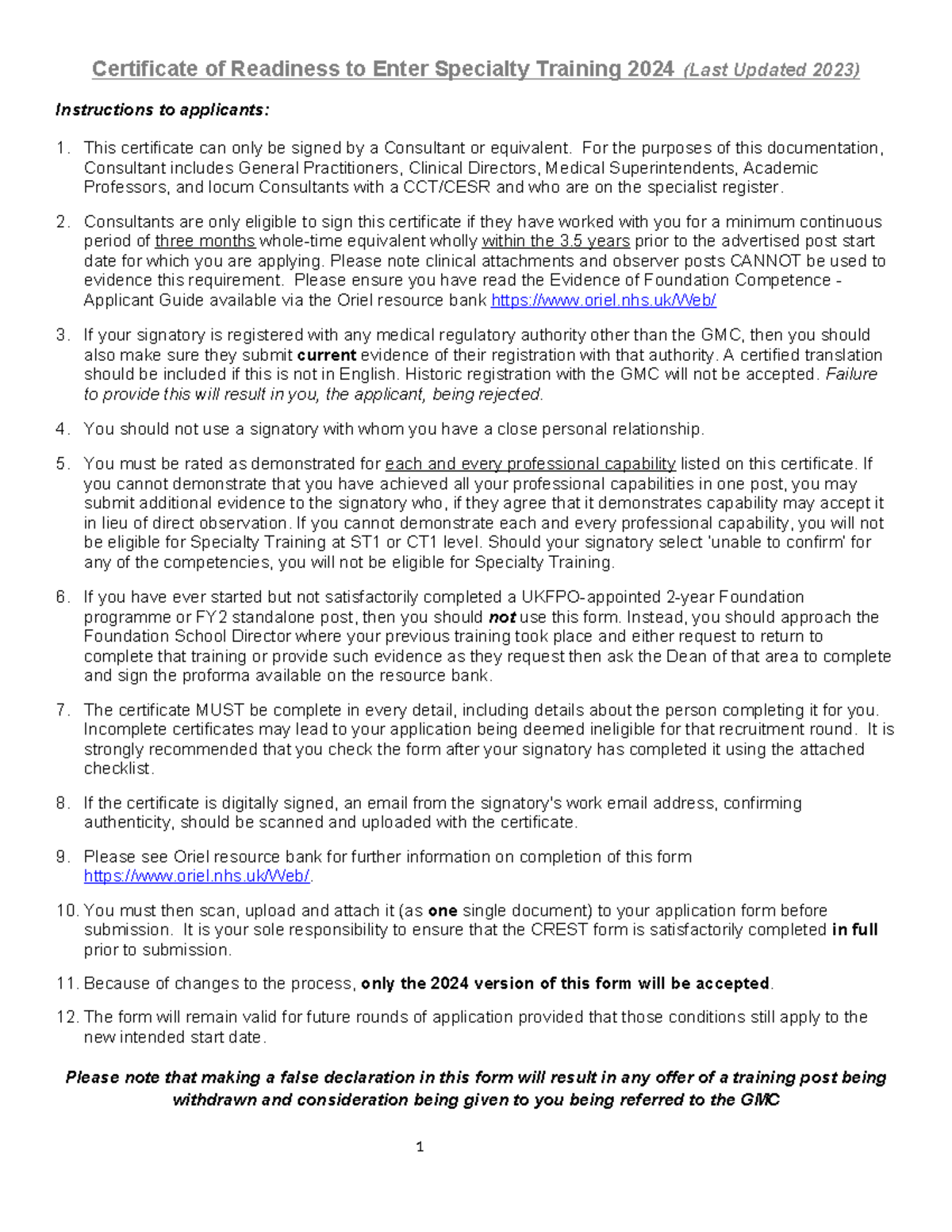 Certificate of Readiness for Specialty Training 2024 (Crest Form) - Studocu
