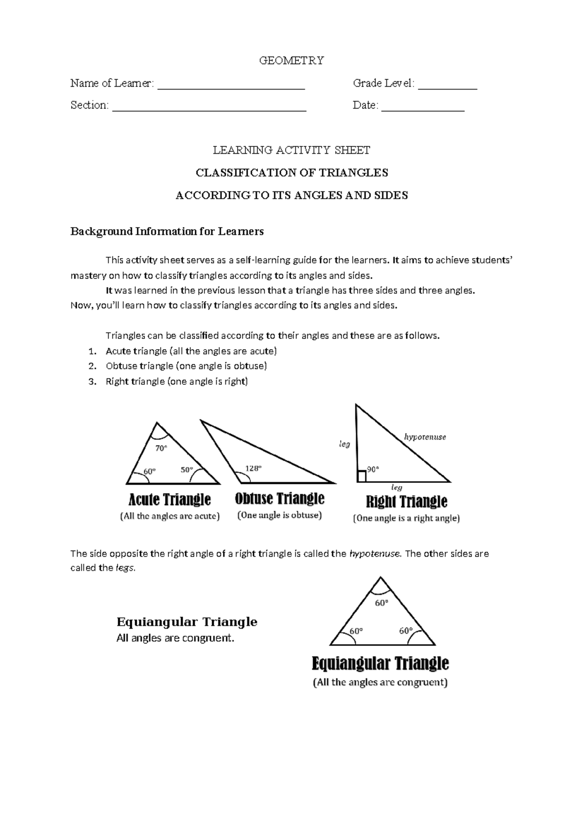 Geometry Q2 Learning Activity Sheet: Classification of Triangles - Studocu