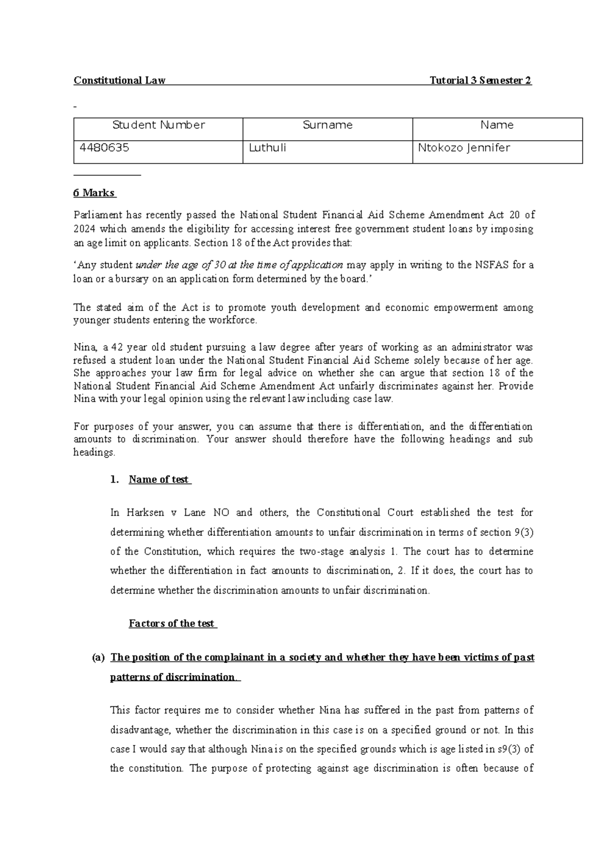 Constitutional Law Tutorial 3: Analysis of Age Discrimination in NSFAS ...