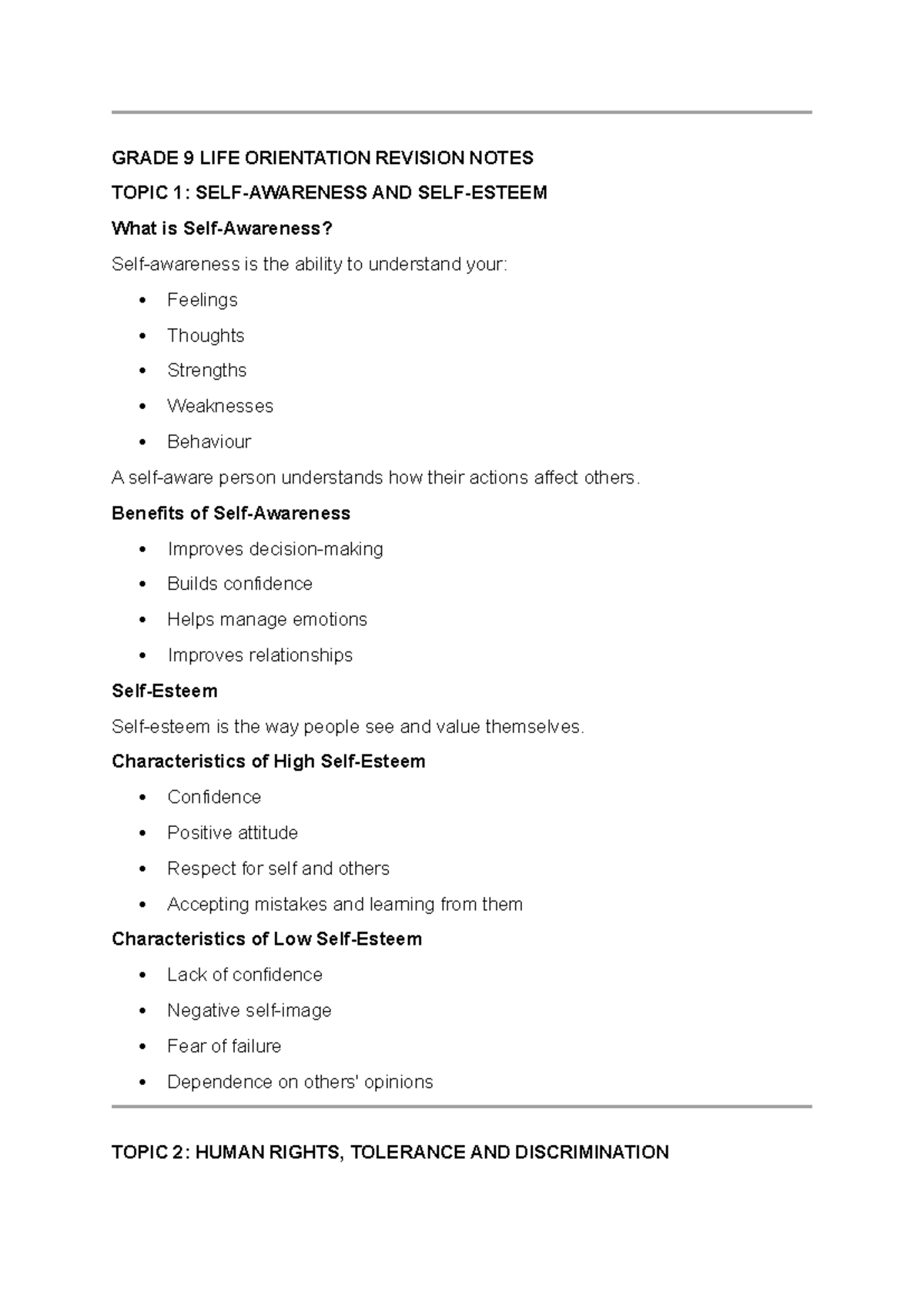 Grade 9 Life Orientation Revision Notes: Key Topics Overview - Studocu