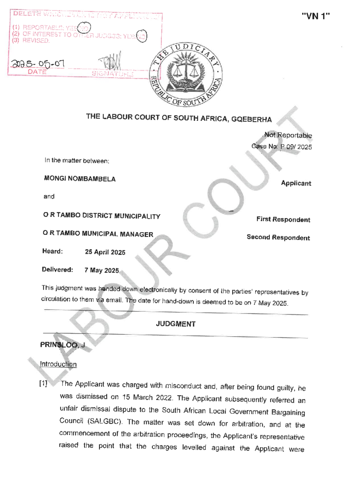 Labour Court Judgment: Mongi Nombambela vs. O.R. Tambo Municipality (P ...