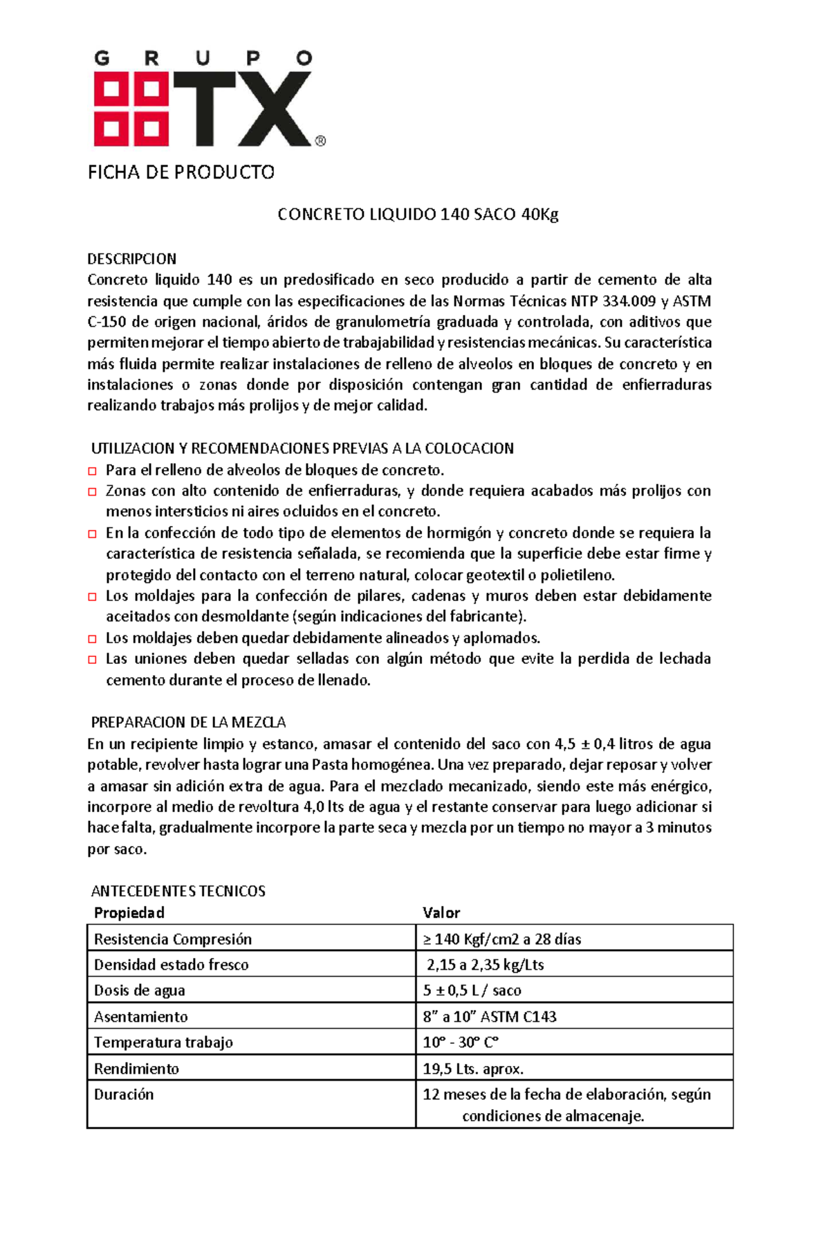 FICHA TÉCNICA: Concreto Líquido 140 - Saco 40Kg - Studocu