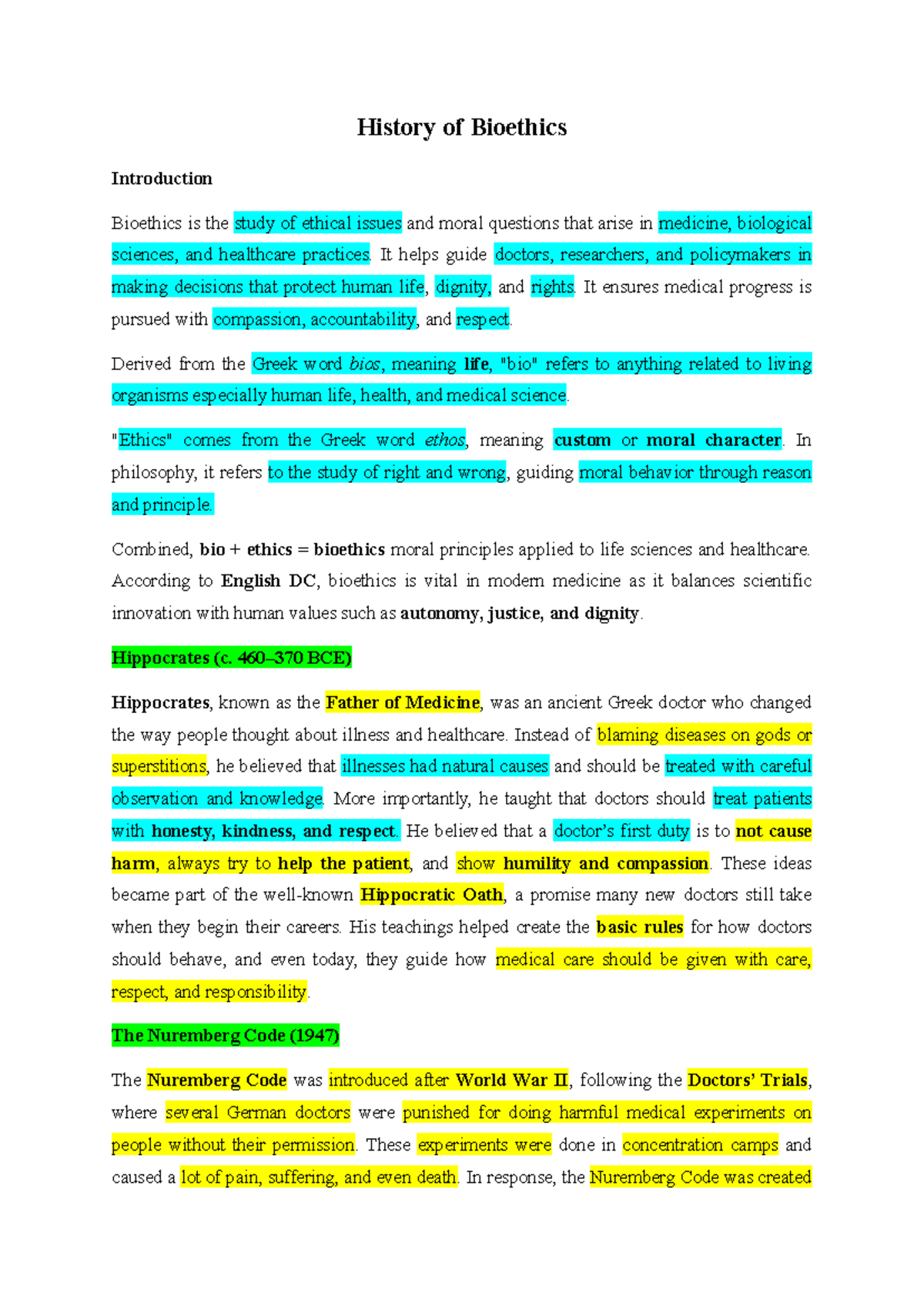 HIST 101: Introduction to Bioethics and Medical Ethics Overview - Studocu