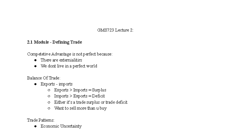 GMS723 Lecture 2: Understanding International Trade Dynamics - Studocu