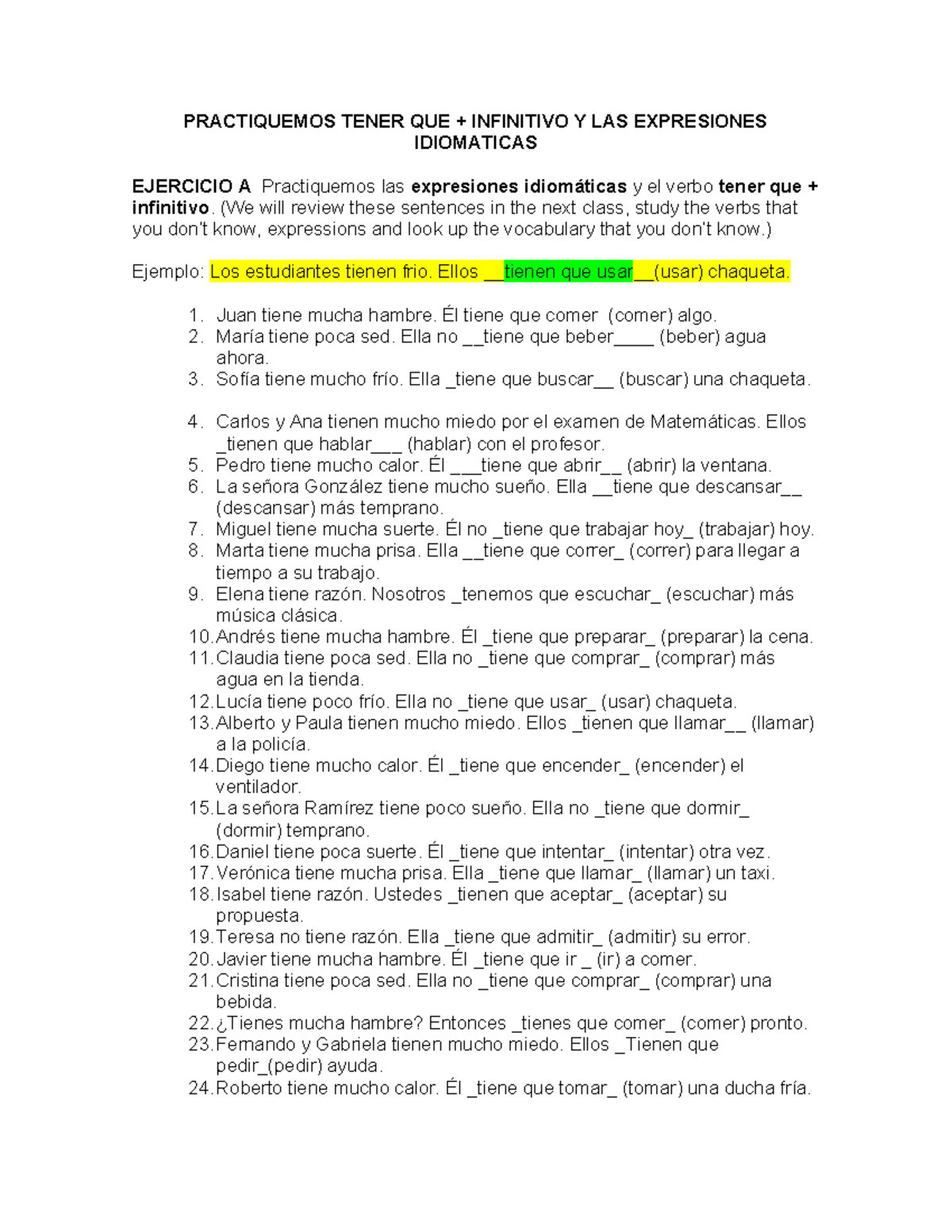 Practiquemos Tener QUE Infinitivo Y Expresiones Idiomaticas ...