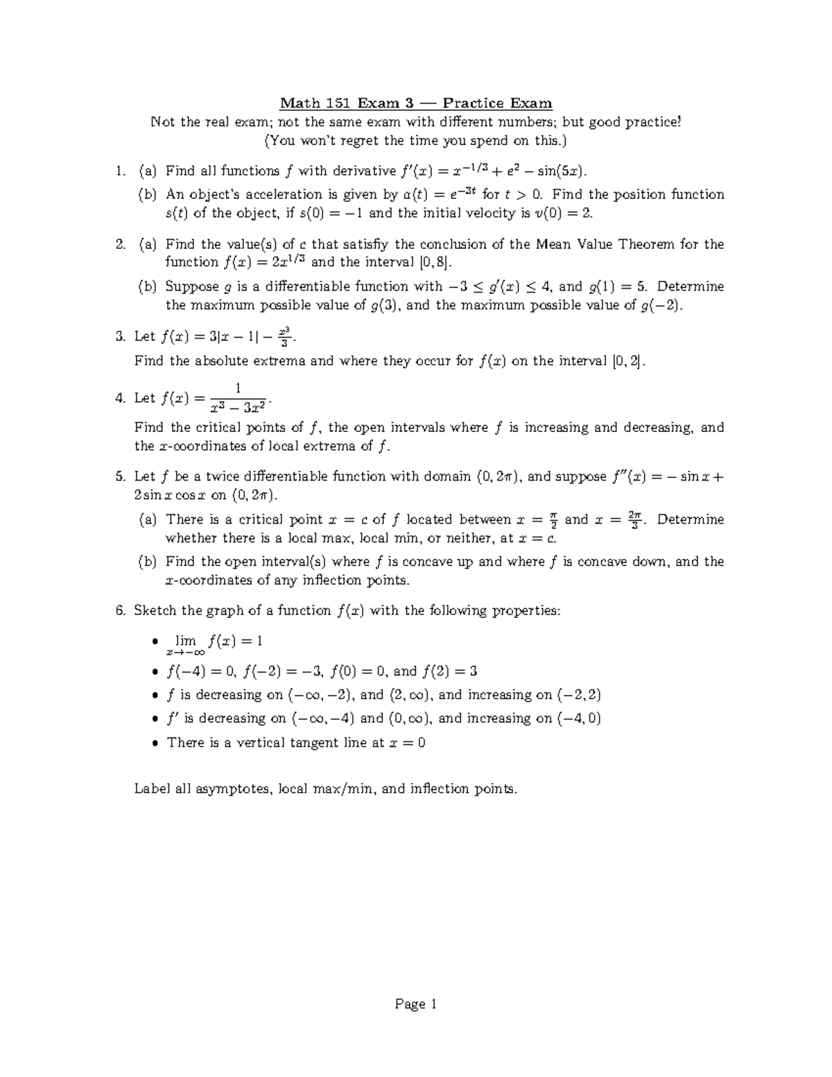 Math 151 Exam 3 Practice: Derivatives, Theorems & Extrema - Studocu