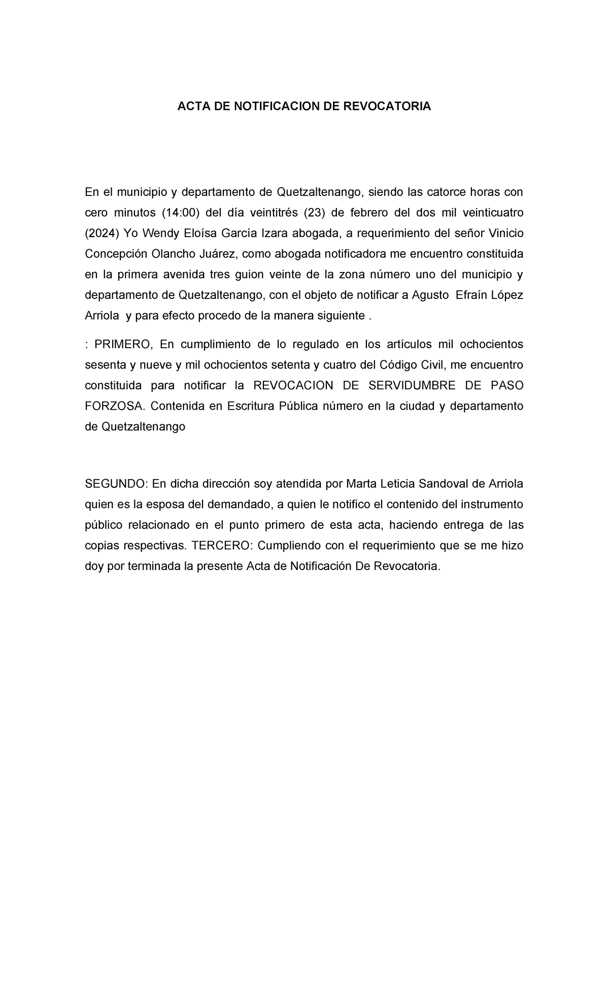 ACTA DE Notificacion DE Revocatoria - ACTA DE NOTIFICACION DE REVOCATORIA En el municipio y ...