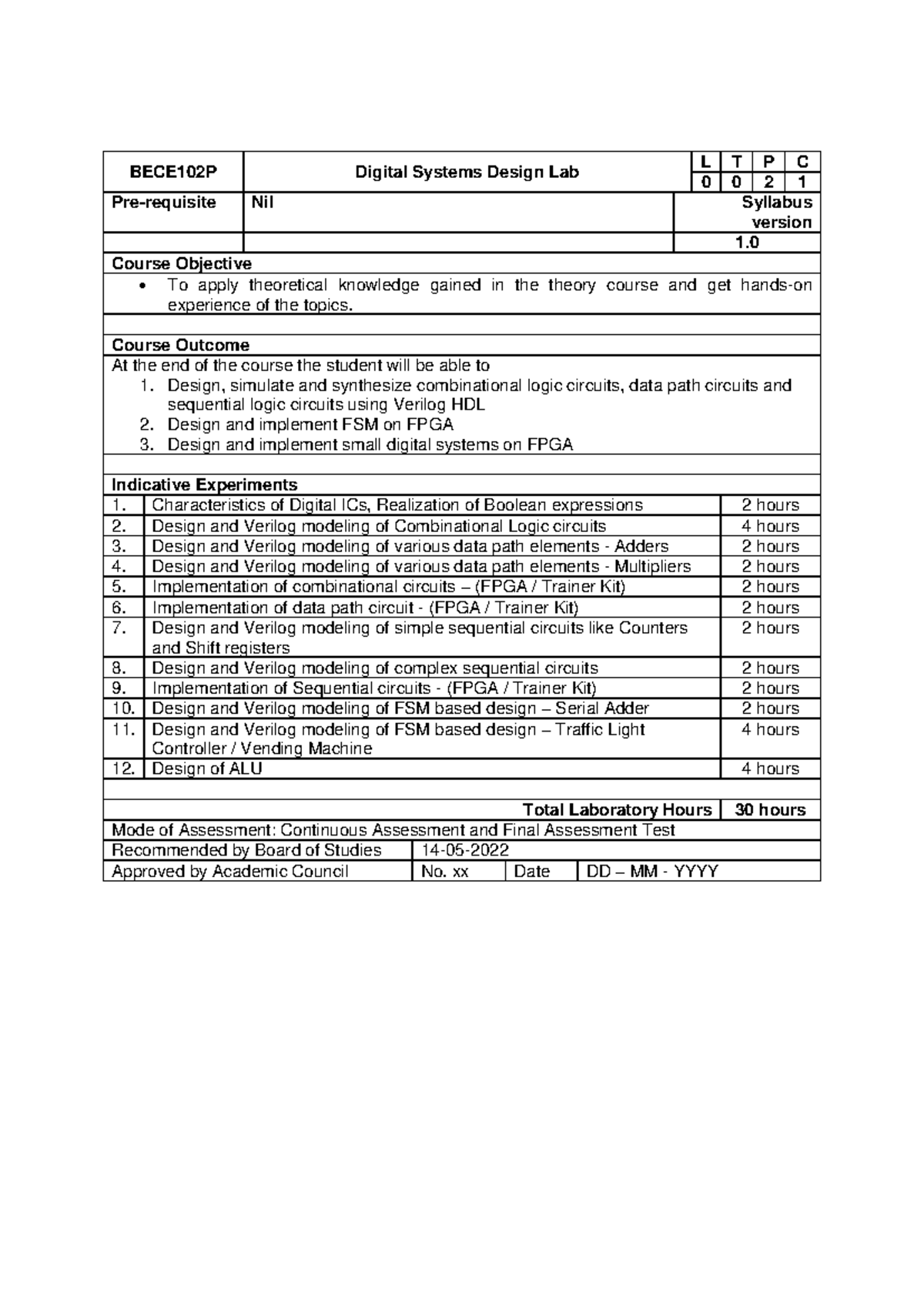 BECE102P Digital Systems Design Lab Syllabus Version 1.0 - Studocu