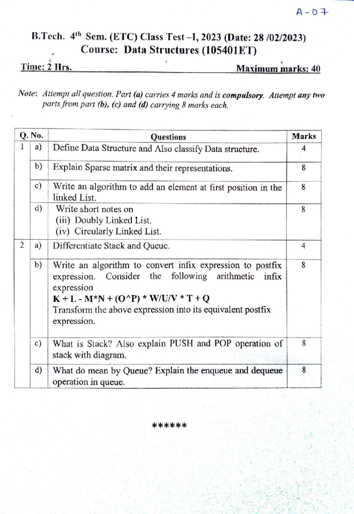 ETC 4th Sem. Class Test Papers: Data Structures, Analog Electronics ...