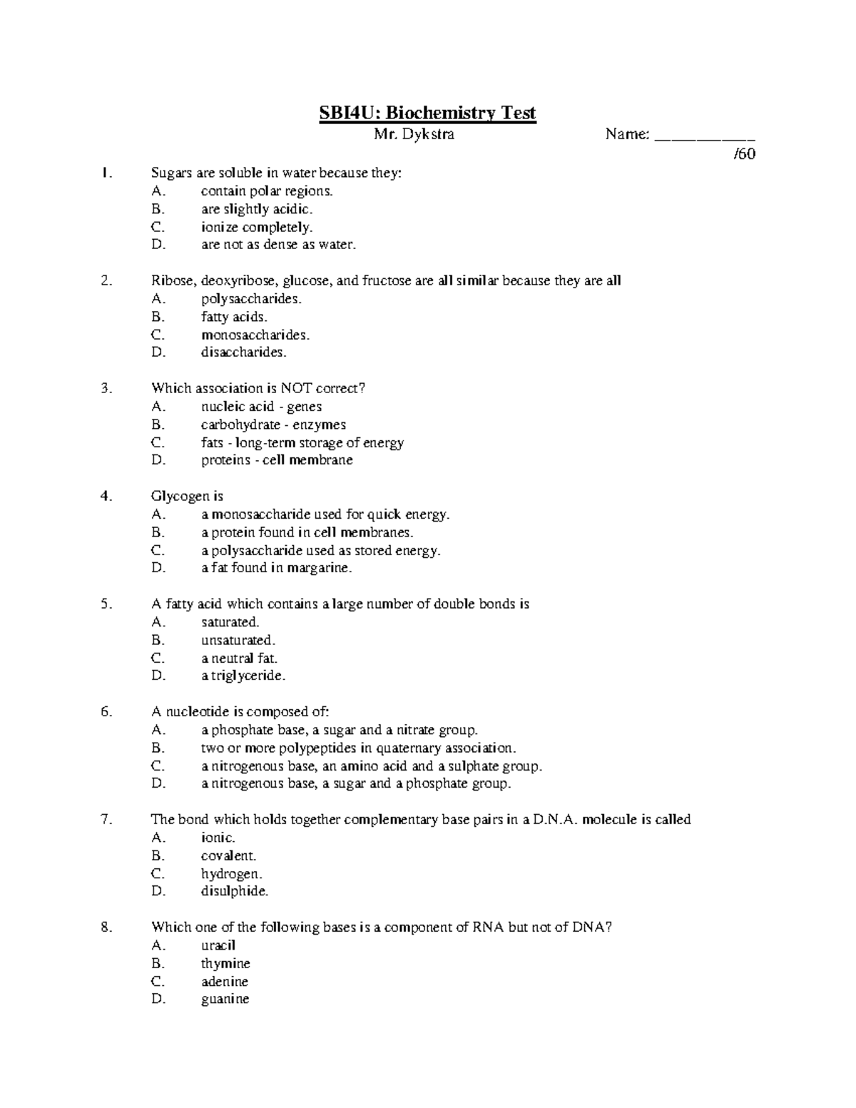 SBI4U: Biochemistry Sample Test 2015 - Key Concepts and Questions - Studocu