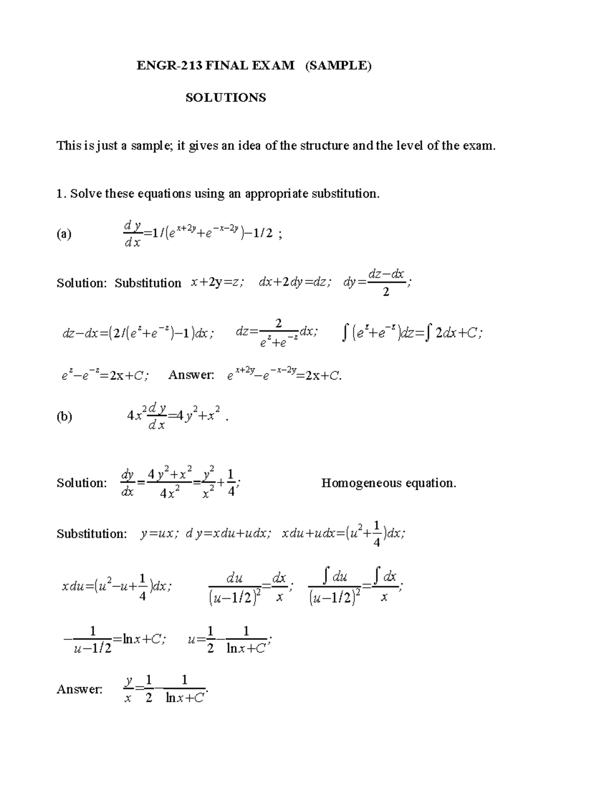 FINAL EXAM (ENGR213) SAMPLE SOLUTIONS & PRACTICE MATERIAL - Studocu