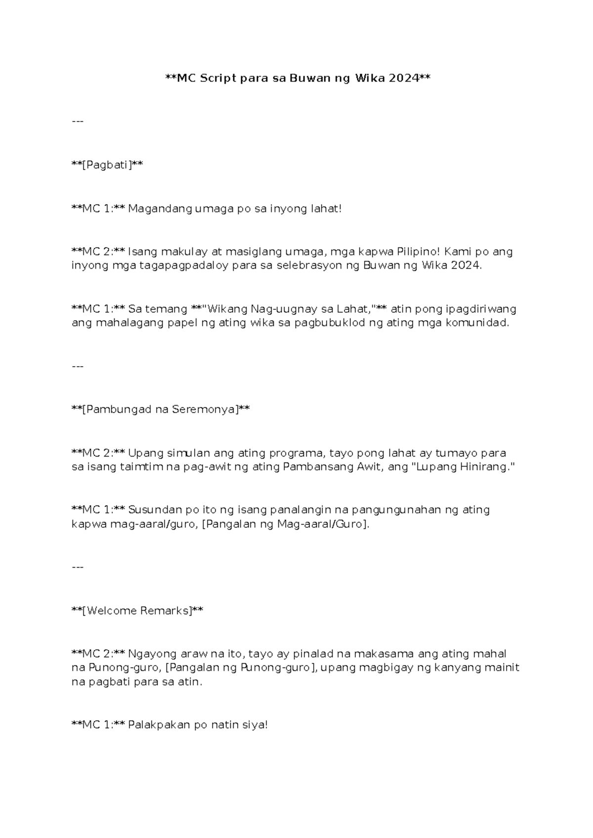 MC Script para sa Buwan ng Wika 2024 (Final Program) - Studocu
