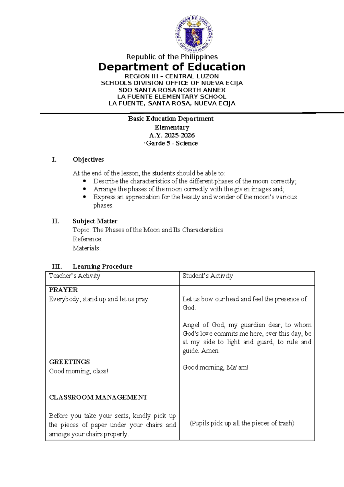 Grade 5 Science Lesson: The 8 Phases of the Moon - Studocu